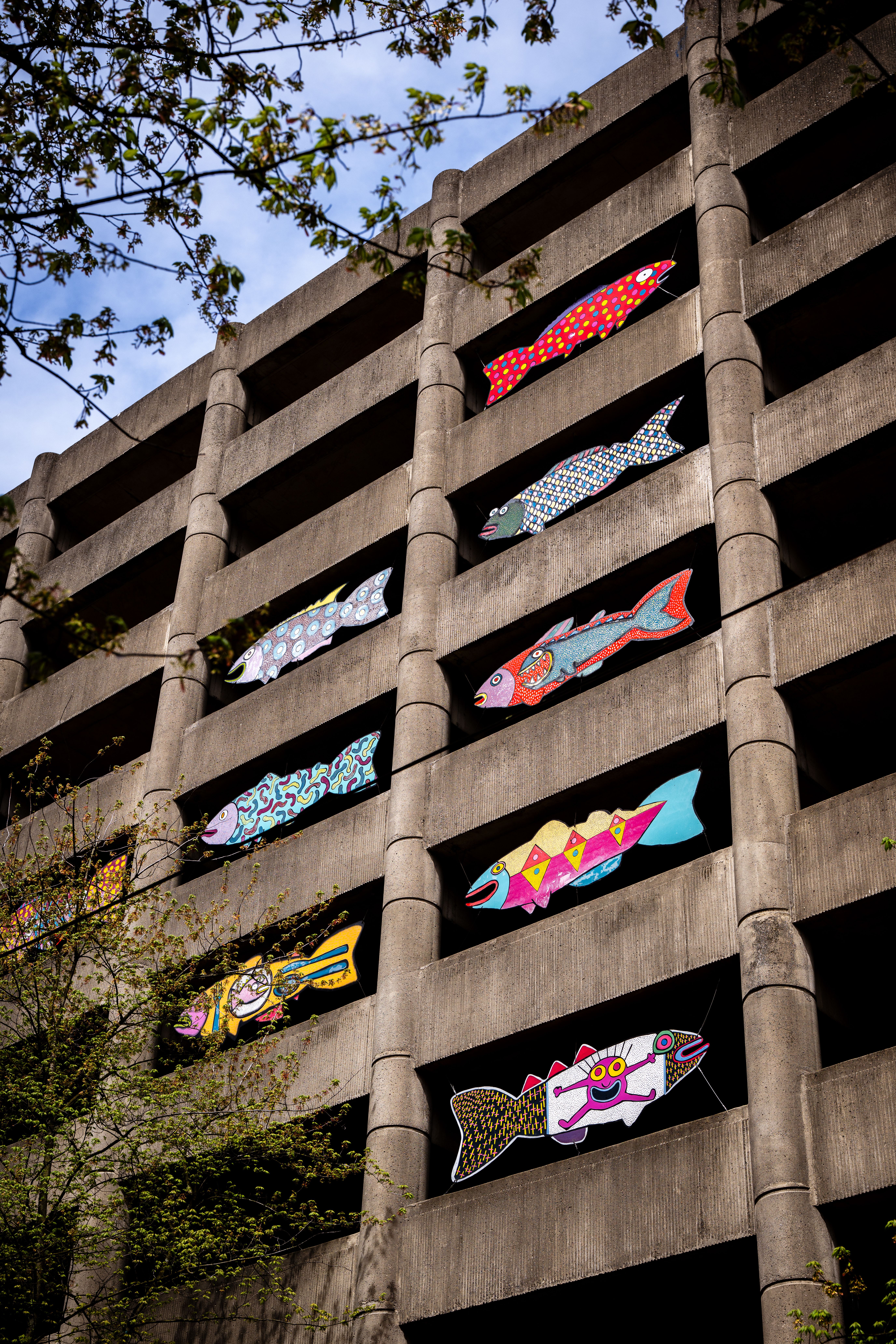 Colorful fish murals on Portland building facade · Free Stock Photo