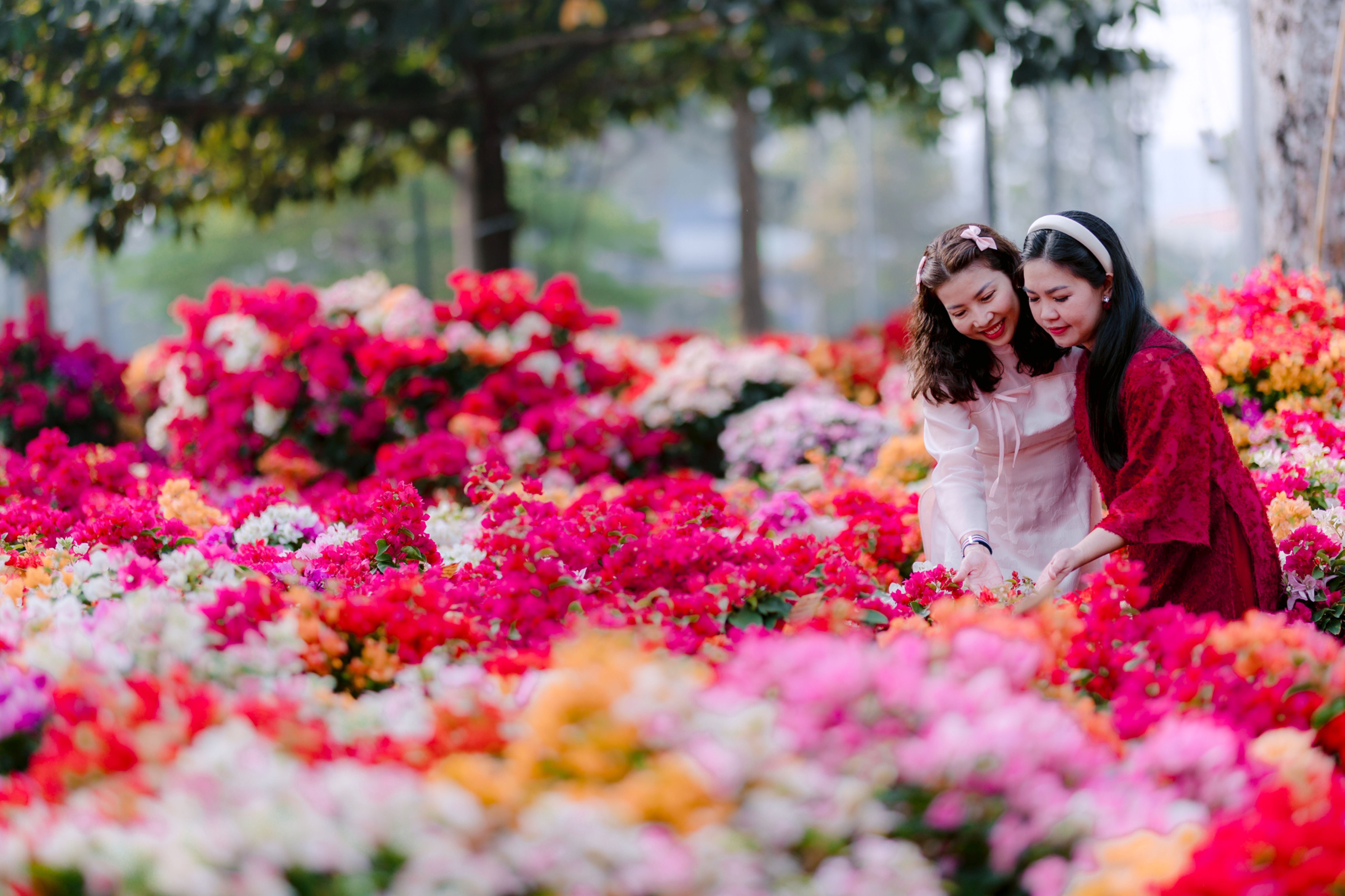 Two Women Enjoying a Vibrant Flower Garden · Free Stock Photo