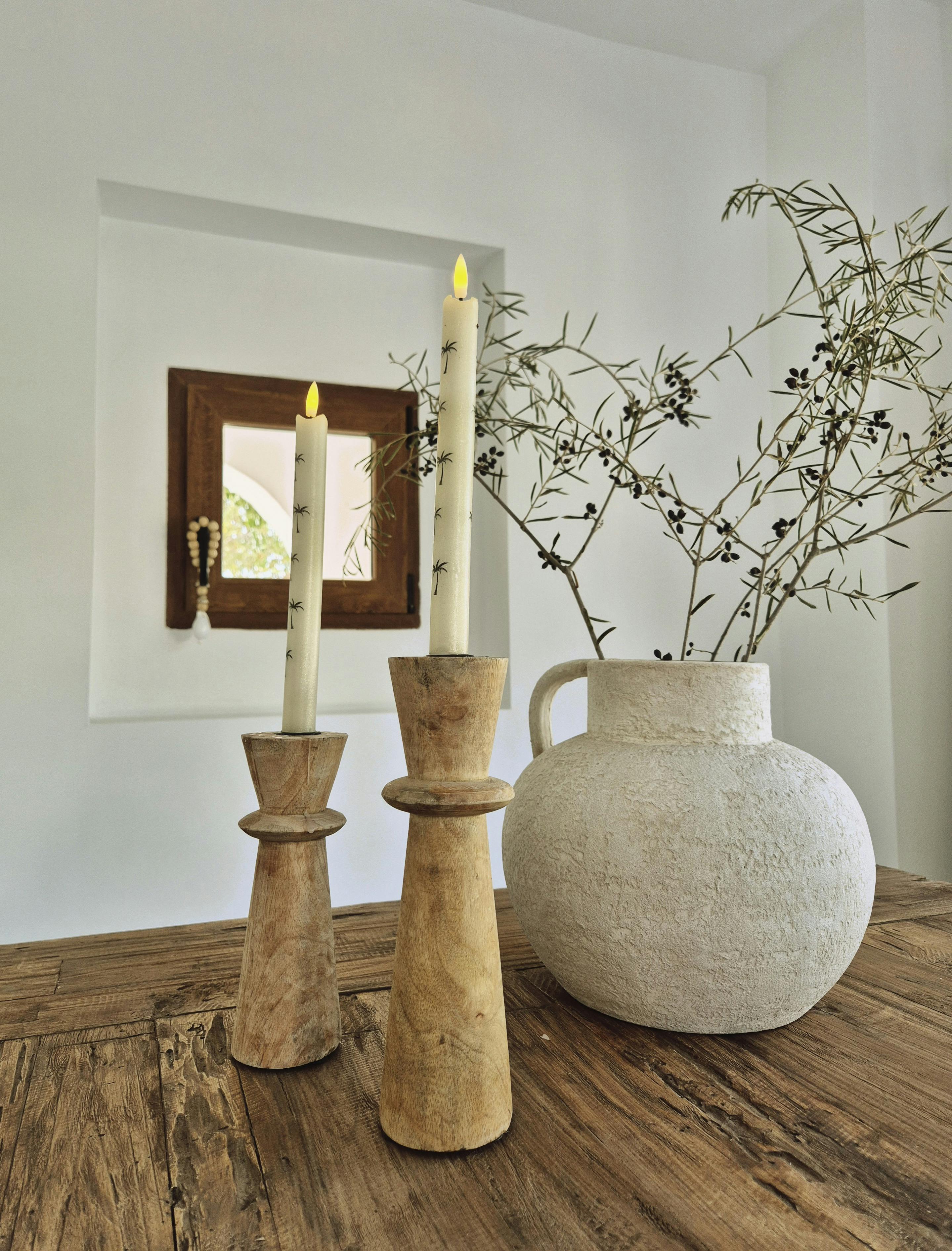 Rustic Decor: Wooden Candlesticks and Vase · Free Stock Photo