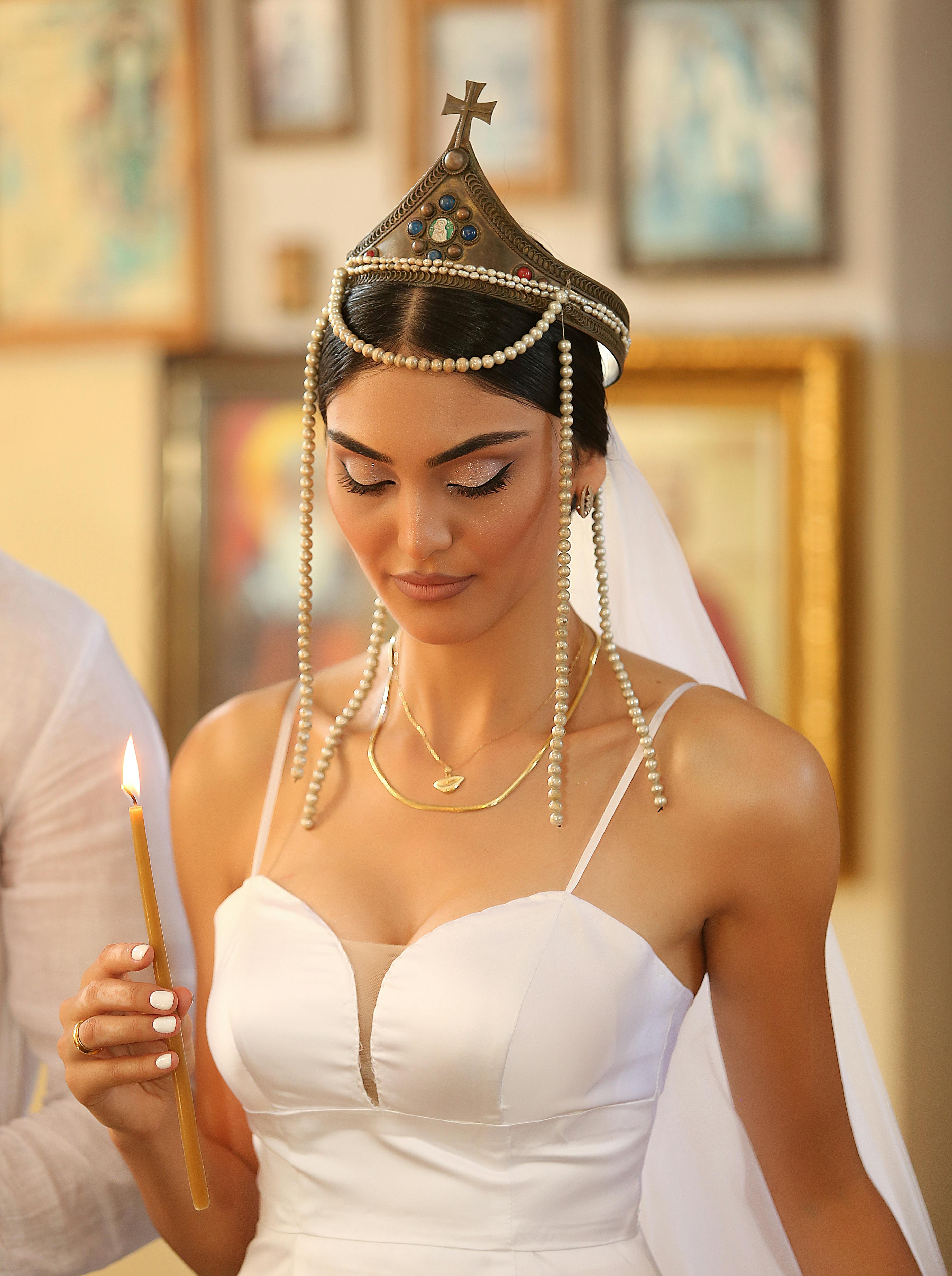 Elegant Bride in Traditional Georgian Wedding Crown · Free Stock Photo
