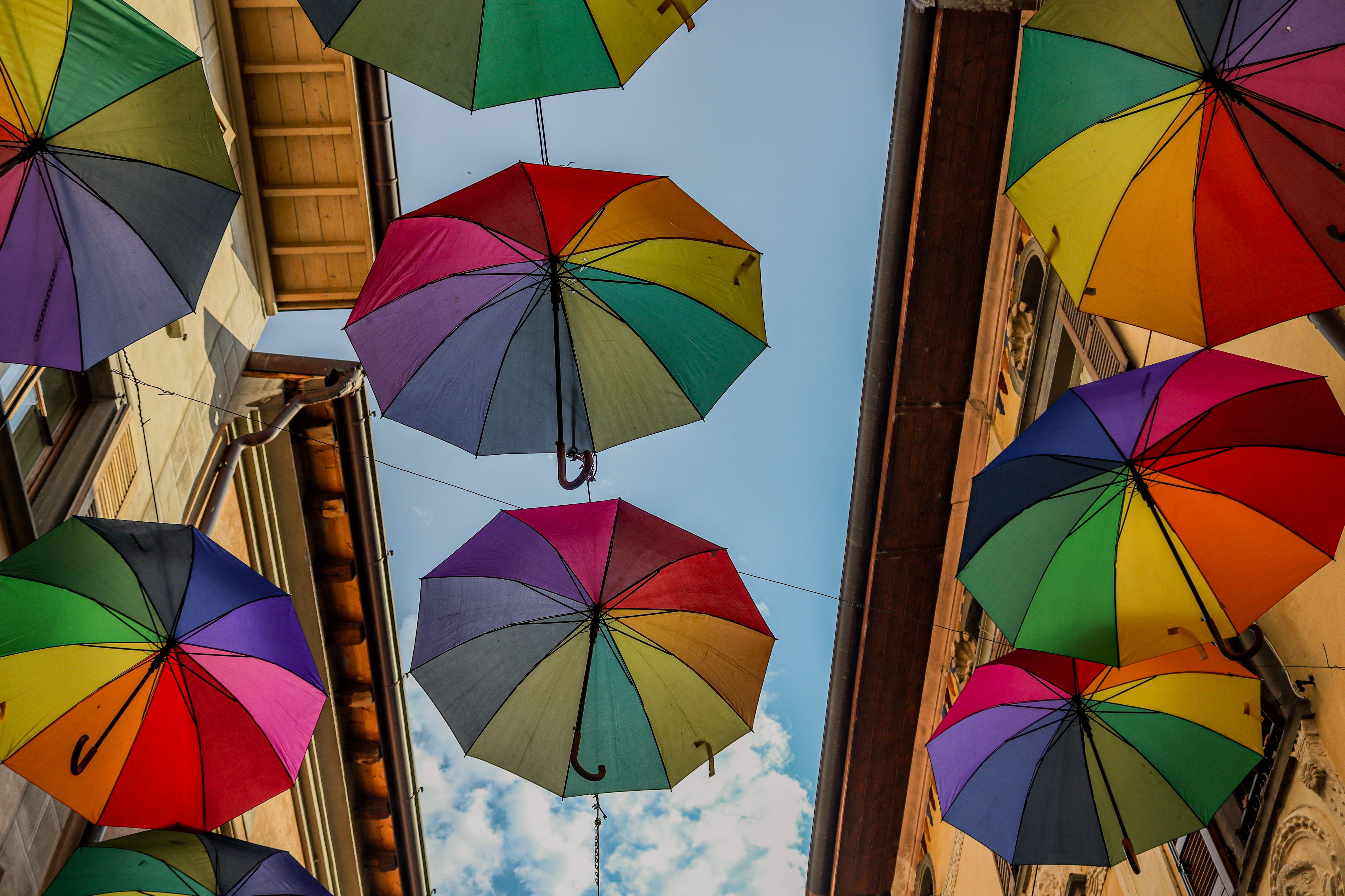 Colorful Umbrellas Hanging Between Buildings · Free Stock Photo
