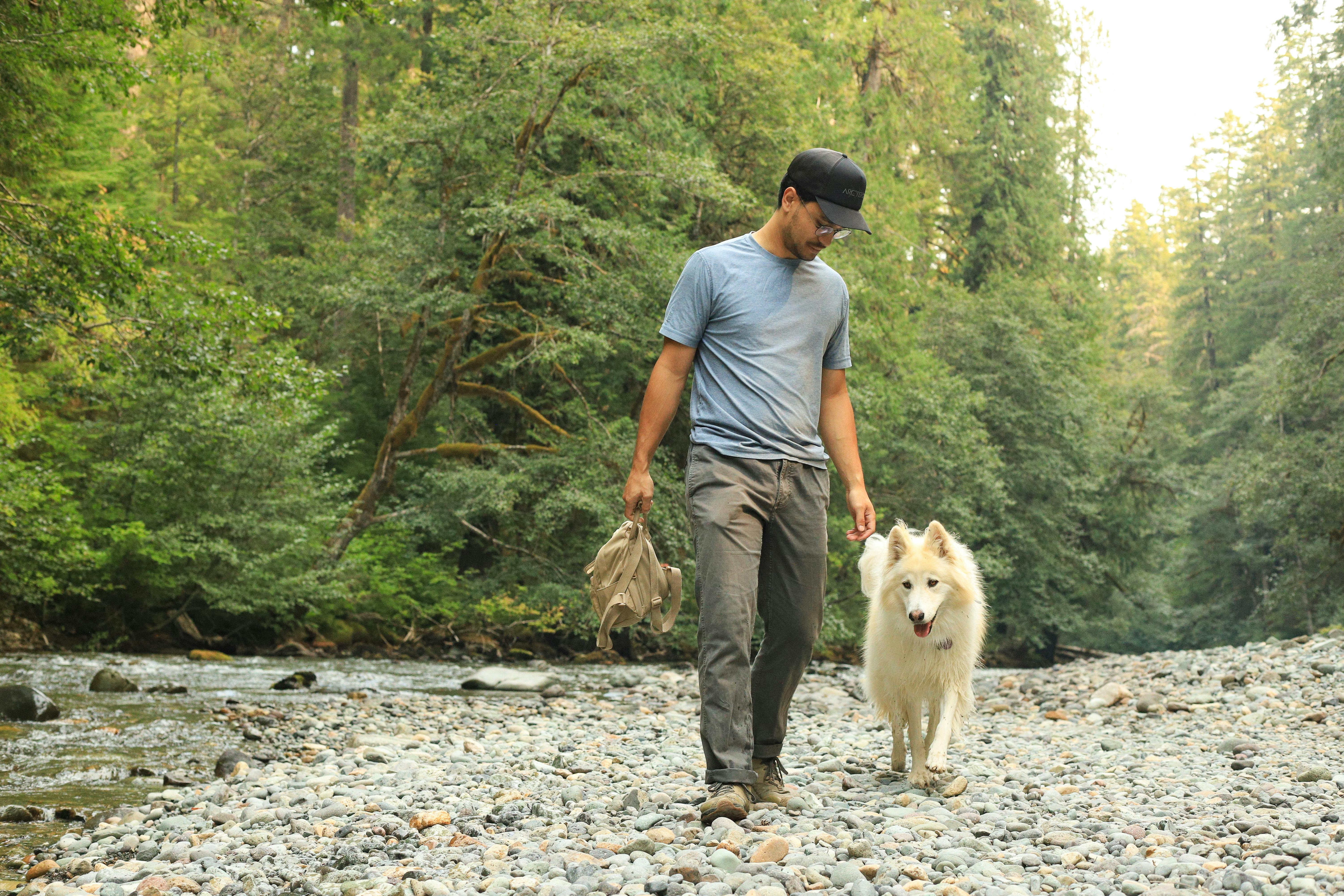 Man walking with dog along forested riverbed · Free Stock Photo