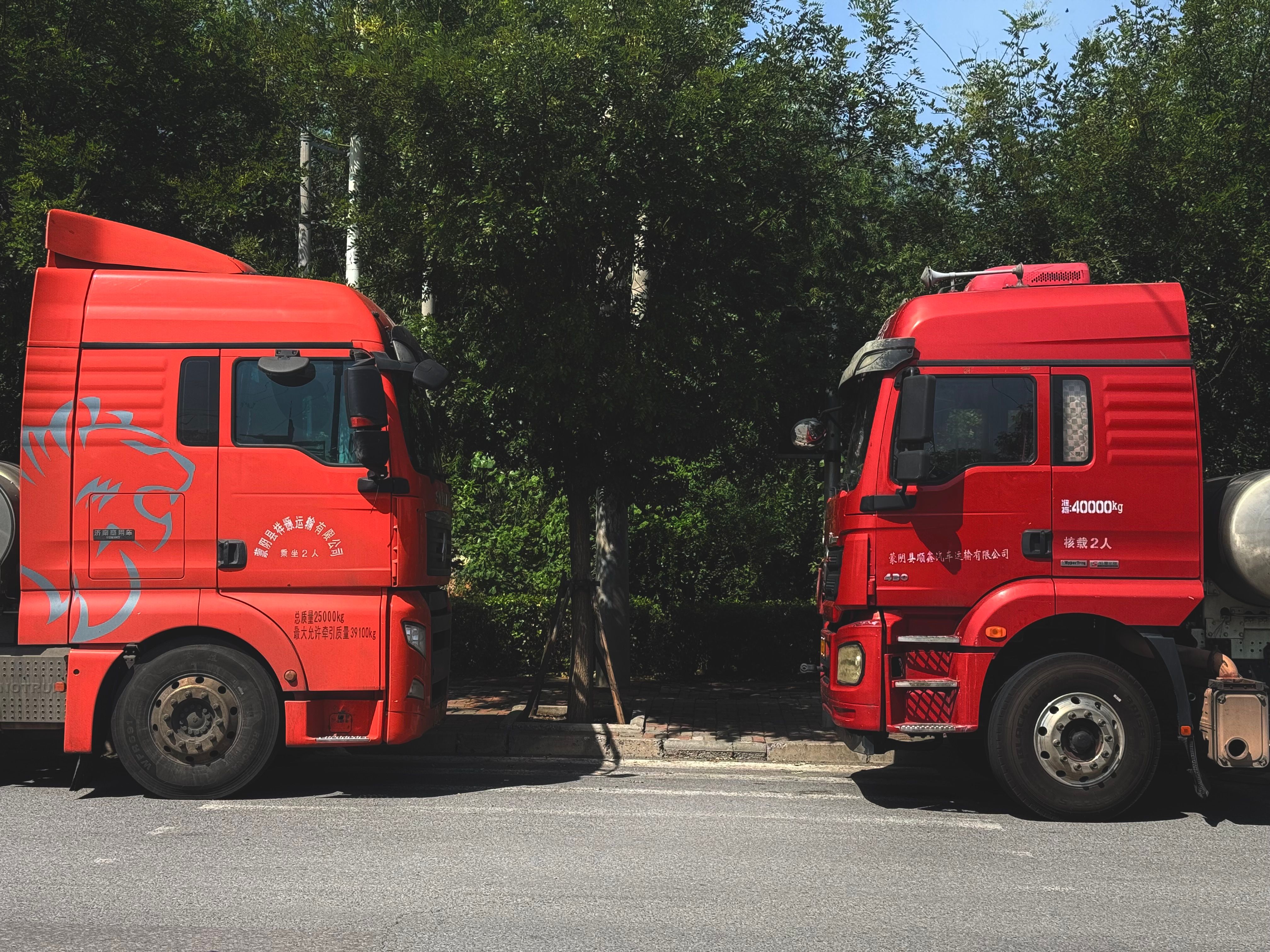 Two Red Trucks Facing Each Other Outdoors · Free Stock Photo