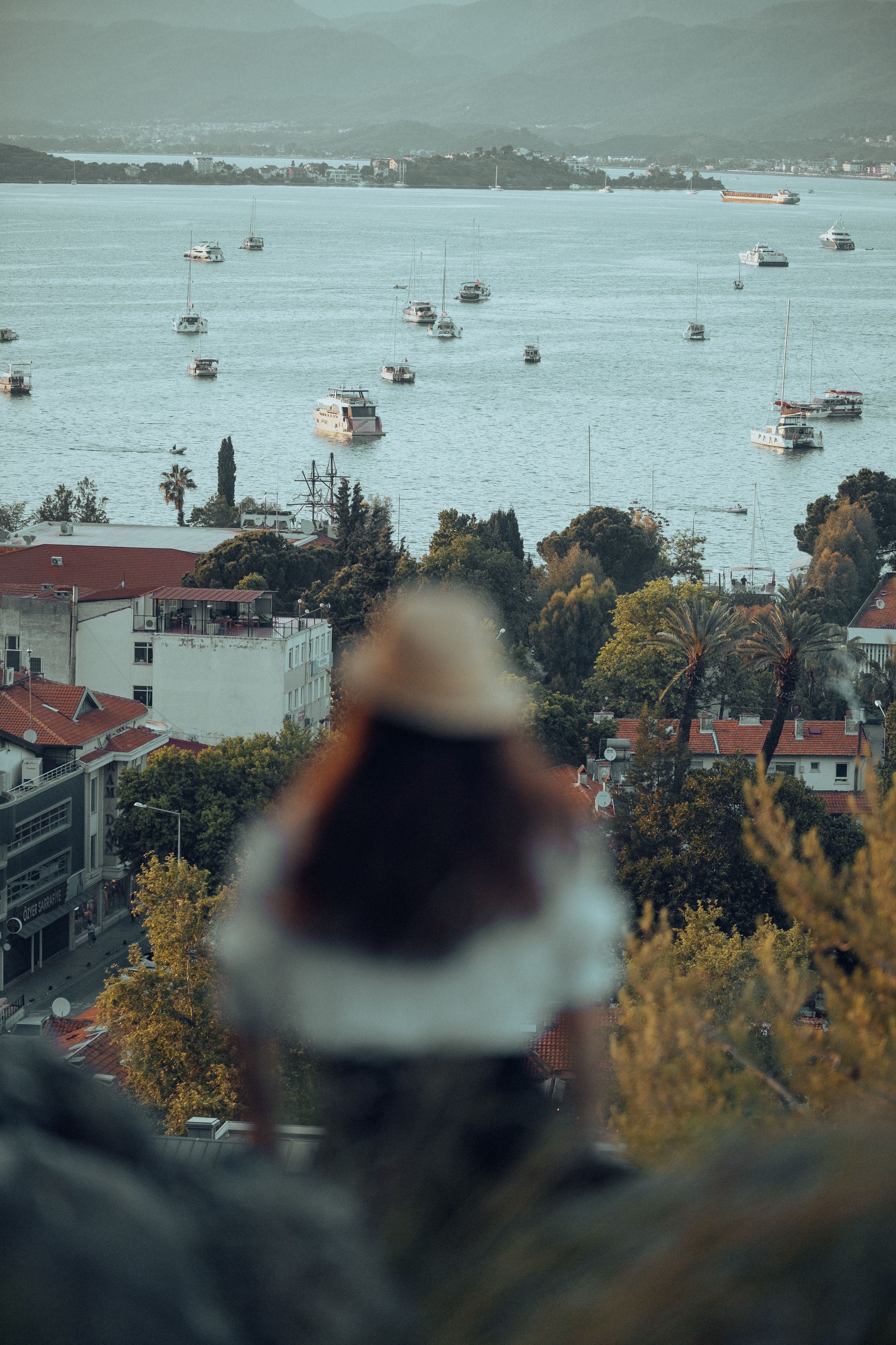 Woman Overlooking Coastal Town with Boats · Free Stock Photo