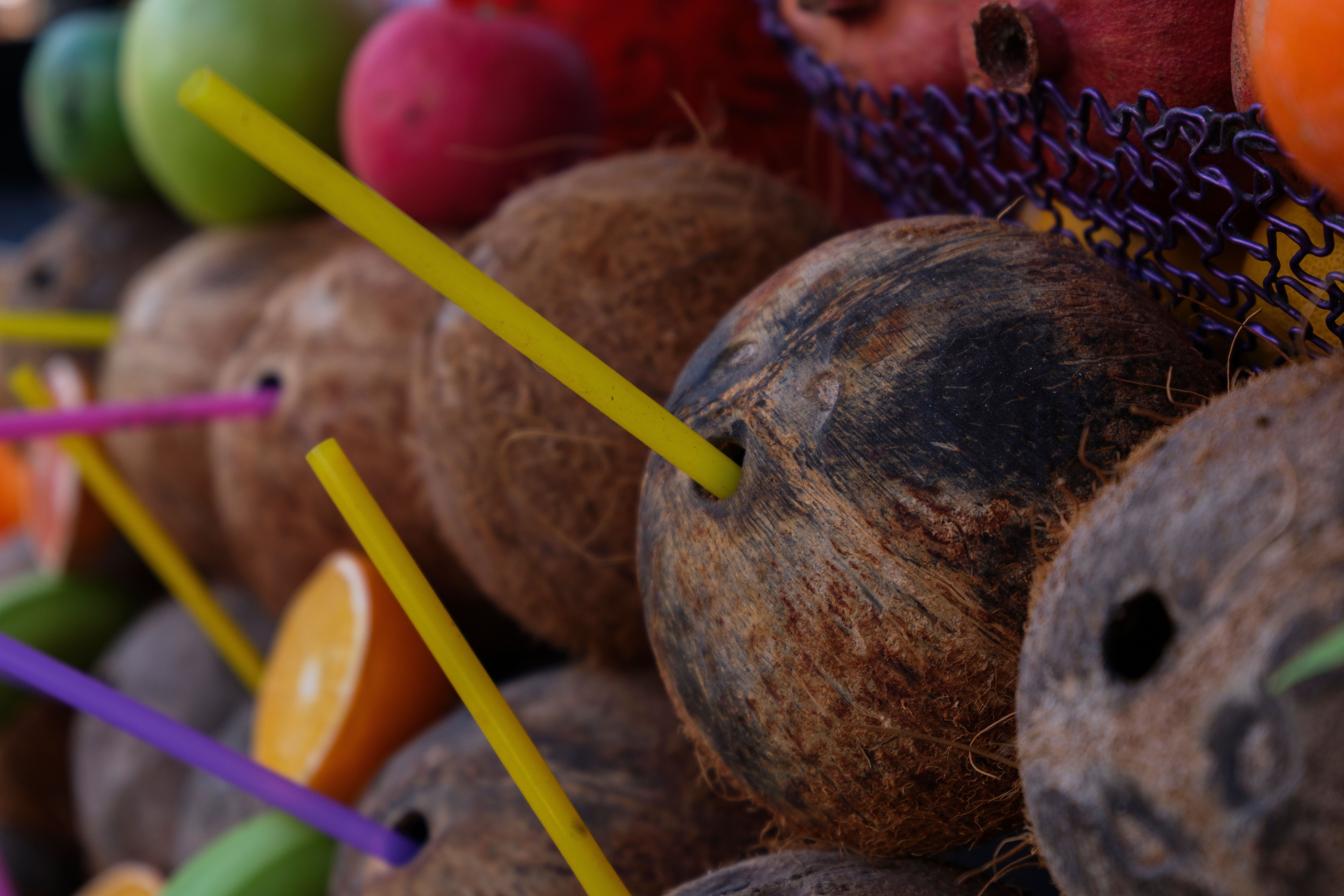 Close-up of Fresh Coconuts with Colorful Straws · Free Stock Photo