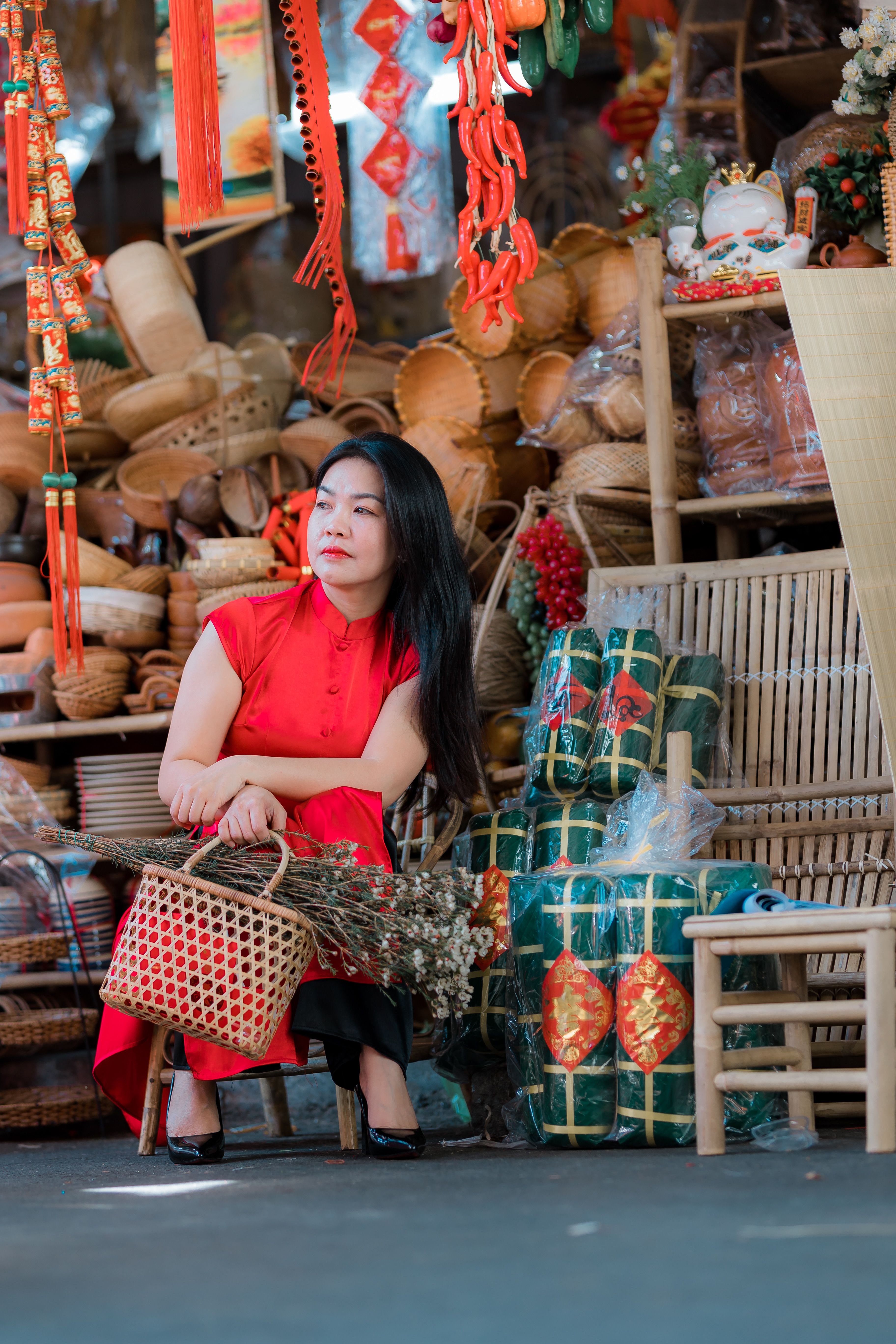 Asian Market Stall with Woman in Red Dress · Free Stock Photo