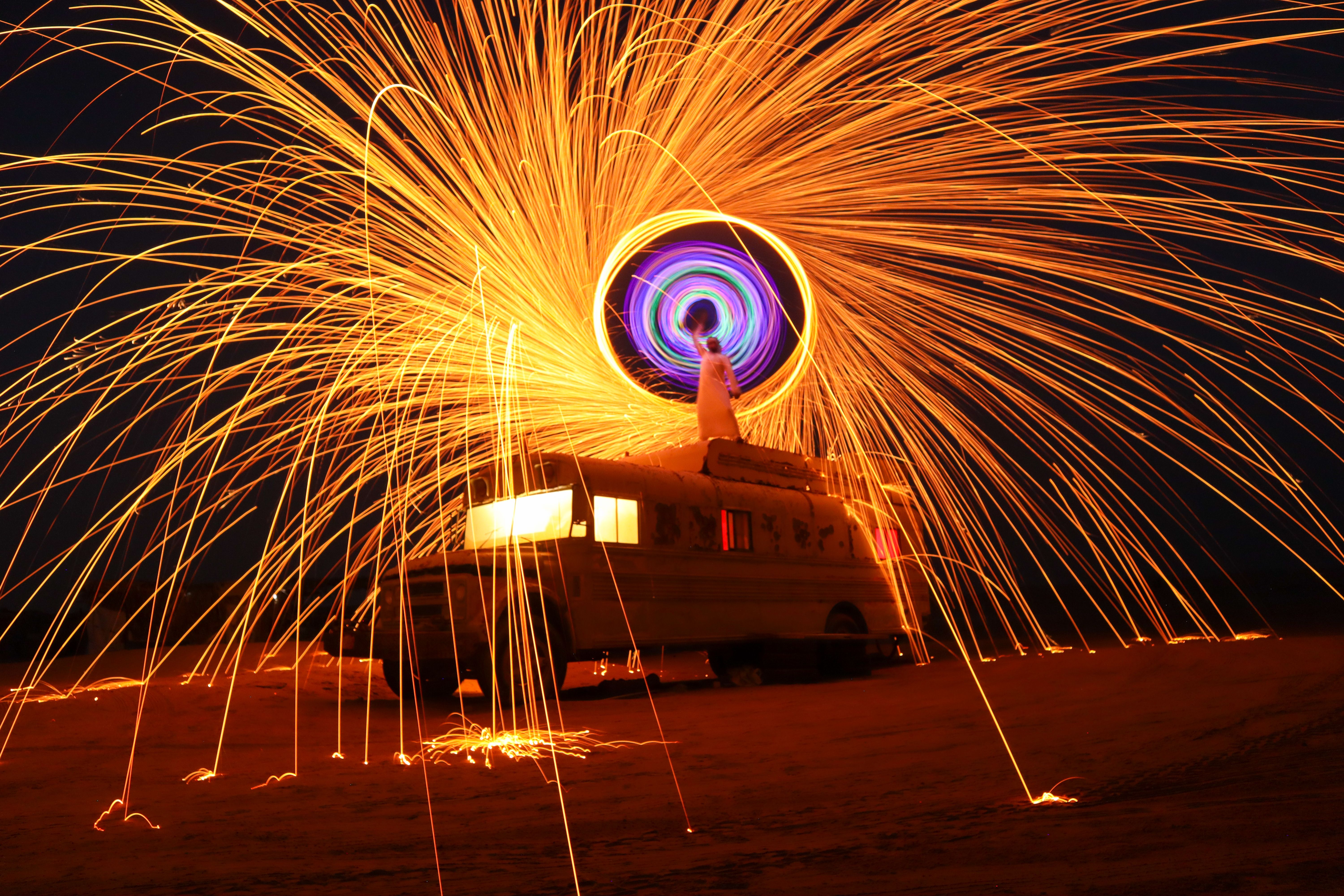 Dynamic Steel Wool Light Painting in Abu Dhabi Desert · Free Stock Photo