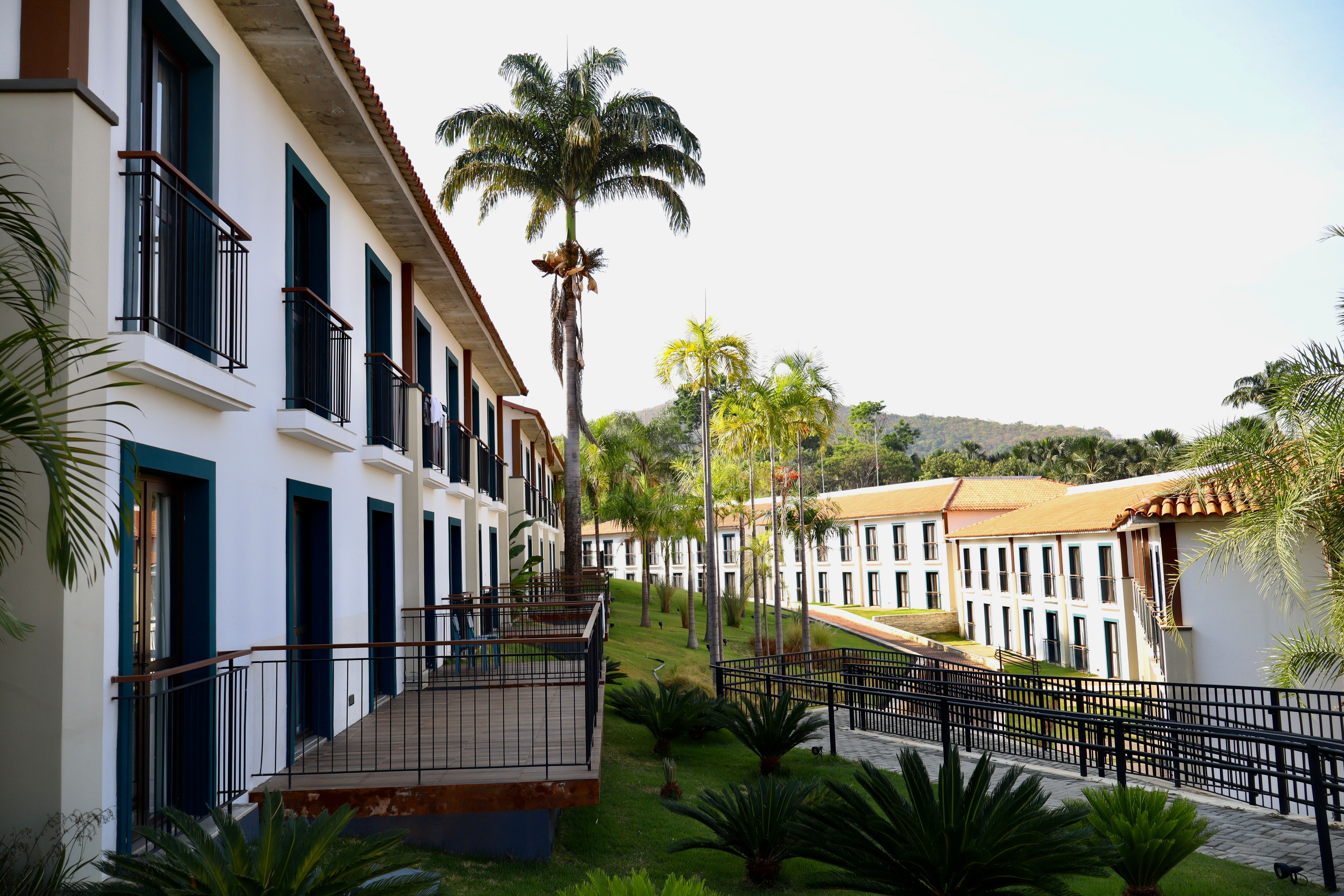 Modern Spanish-Style Resort Architecture with Palm Trees · Free Stock Photo