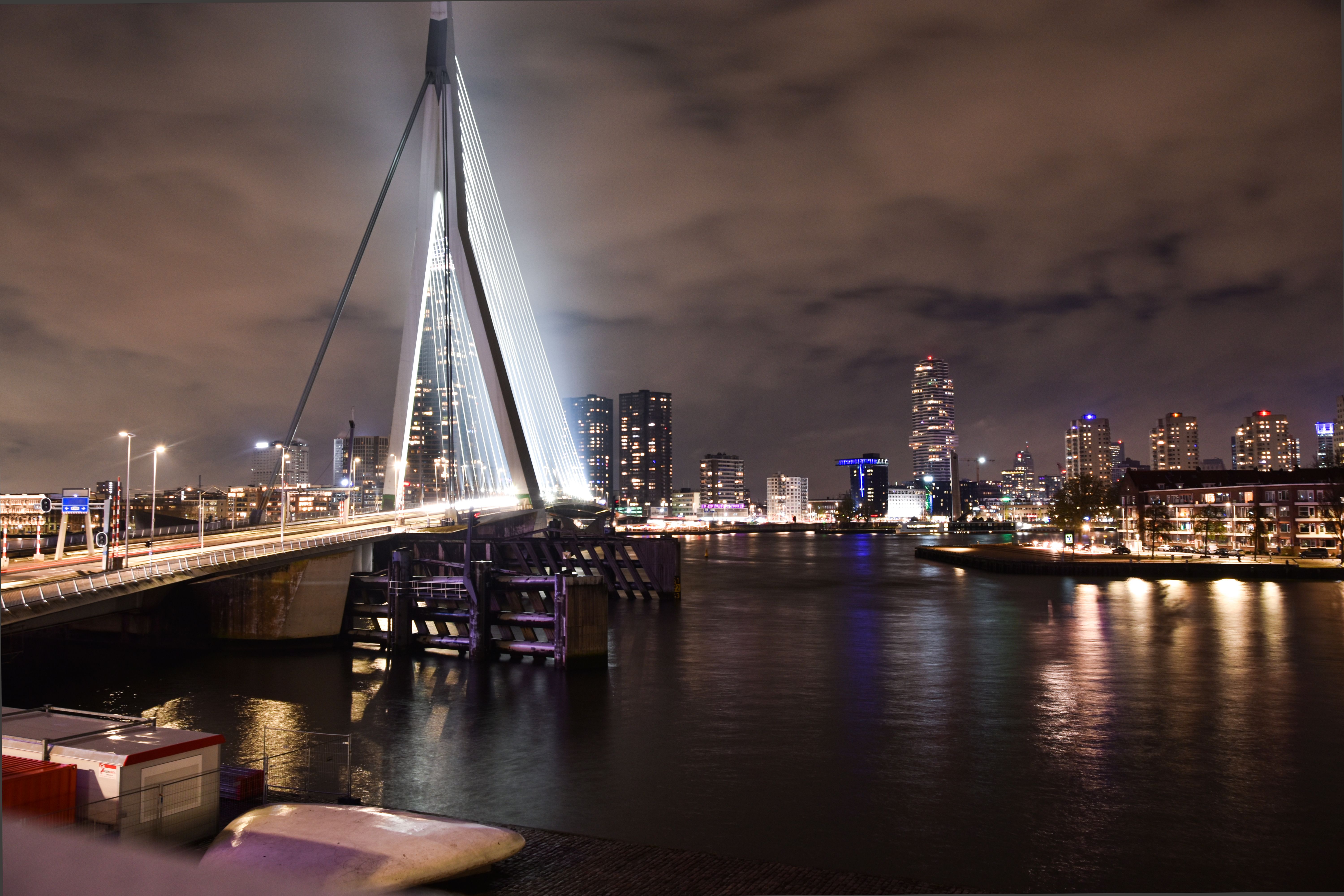 Stunning Night View of Erasmus Bridge in Rotterdam · Free Stock Photo
