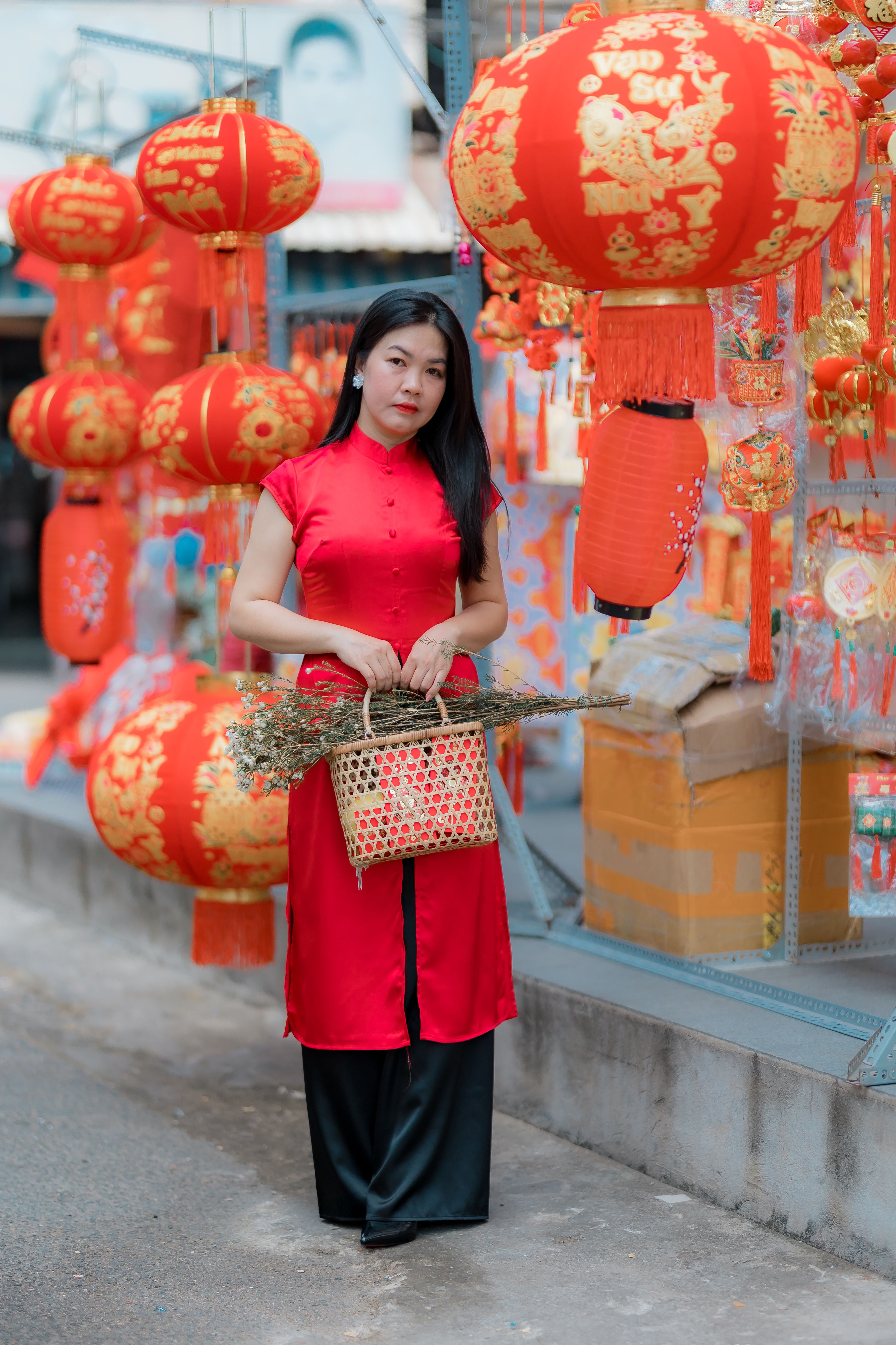 Woman in Red Dress with Festival Lanterns Display · Free Stock Photo