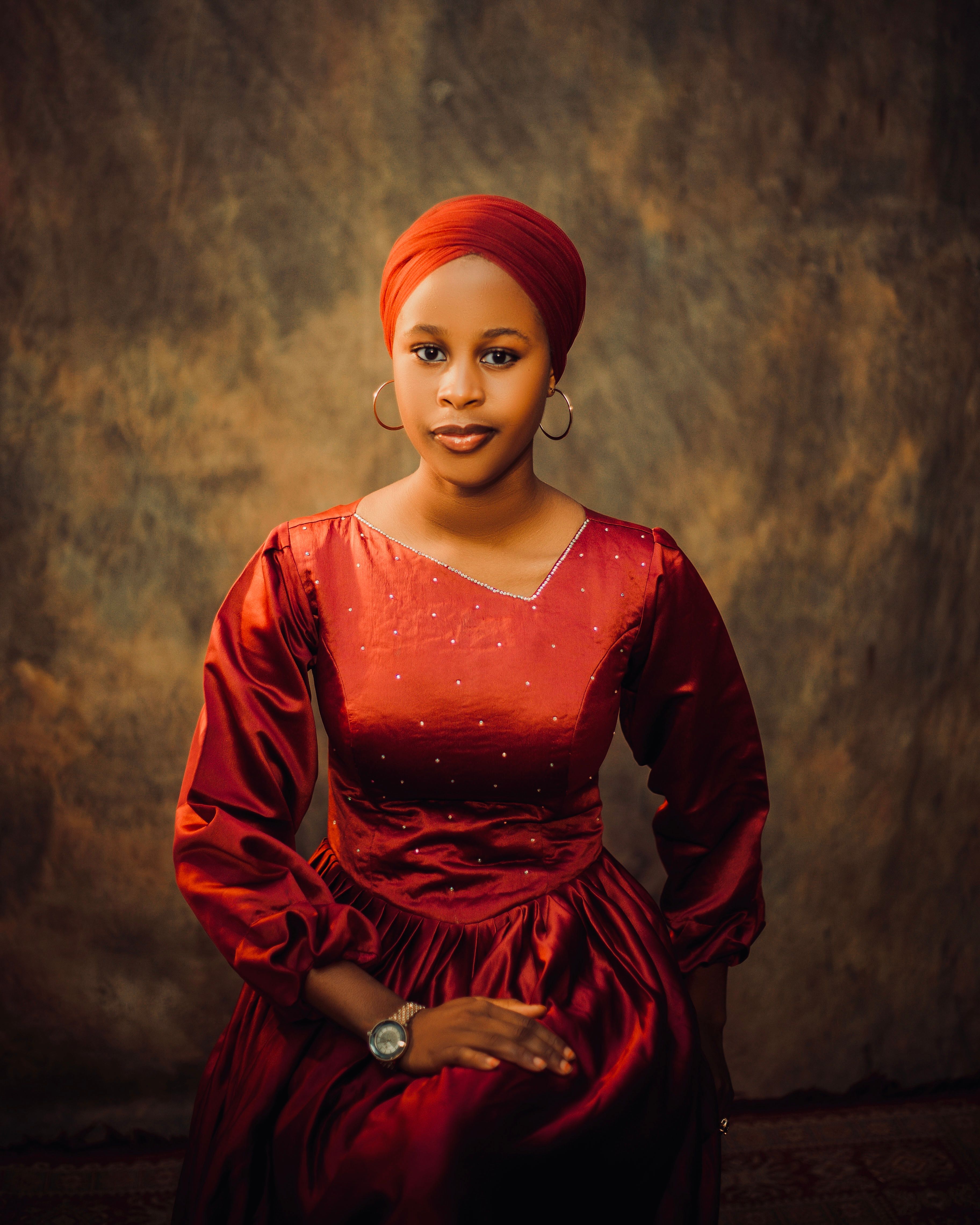 Elegant Portrait of Woman in Red Silk Dress · Free Stock Photo