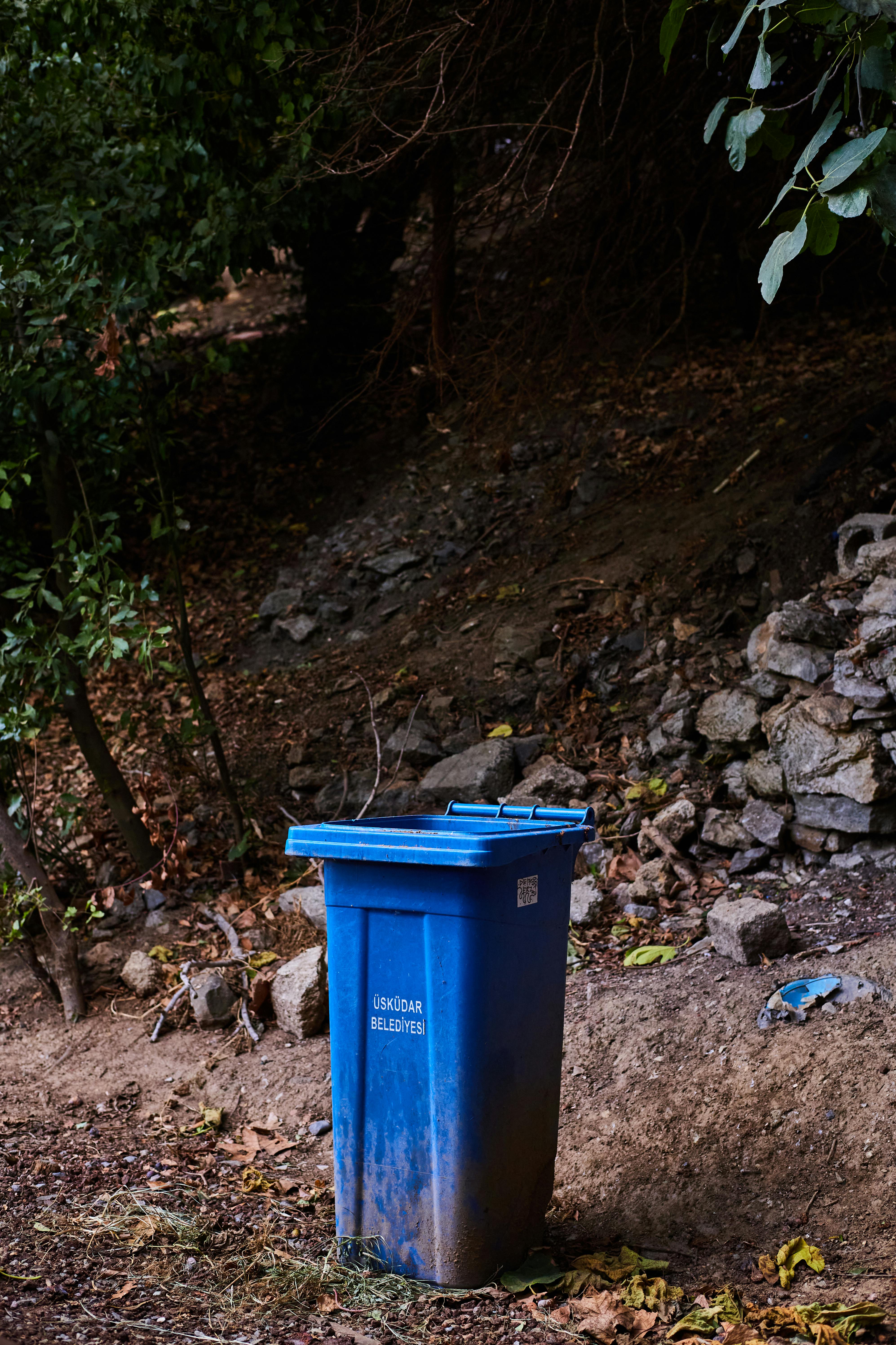 Blue Üsküdar Trash Bin in Turkish Woodland · Free Stock Photo