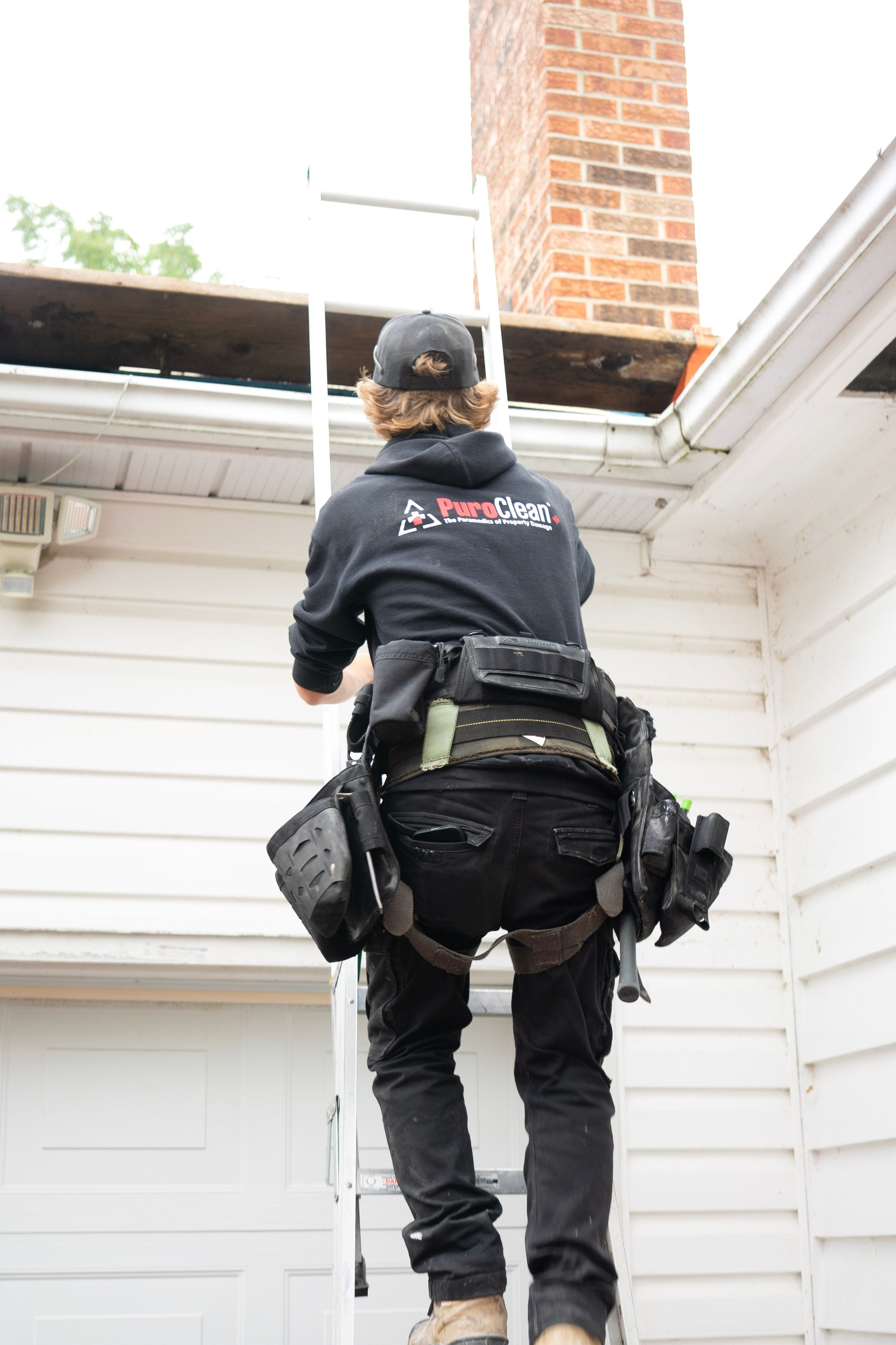 Professional Roofer Climbing Ladder Near Chimney · Free Stock Photo
