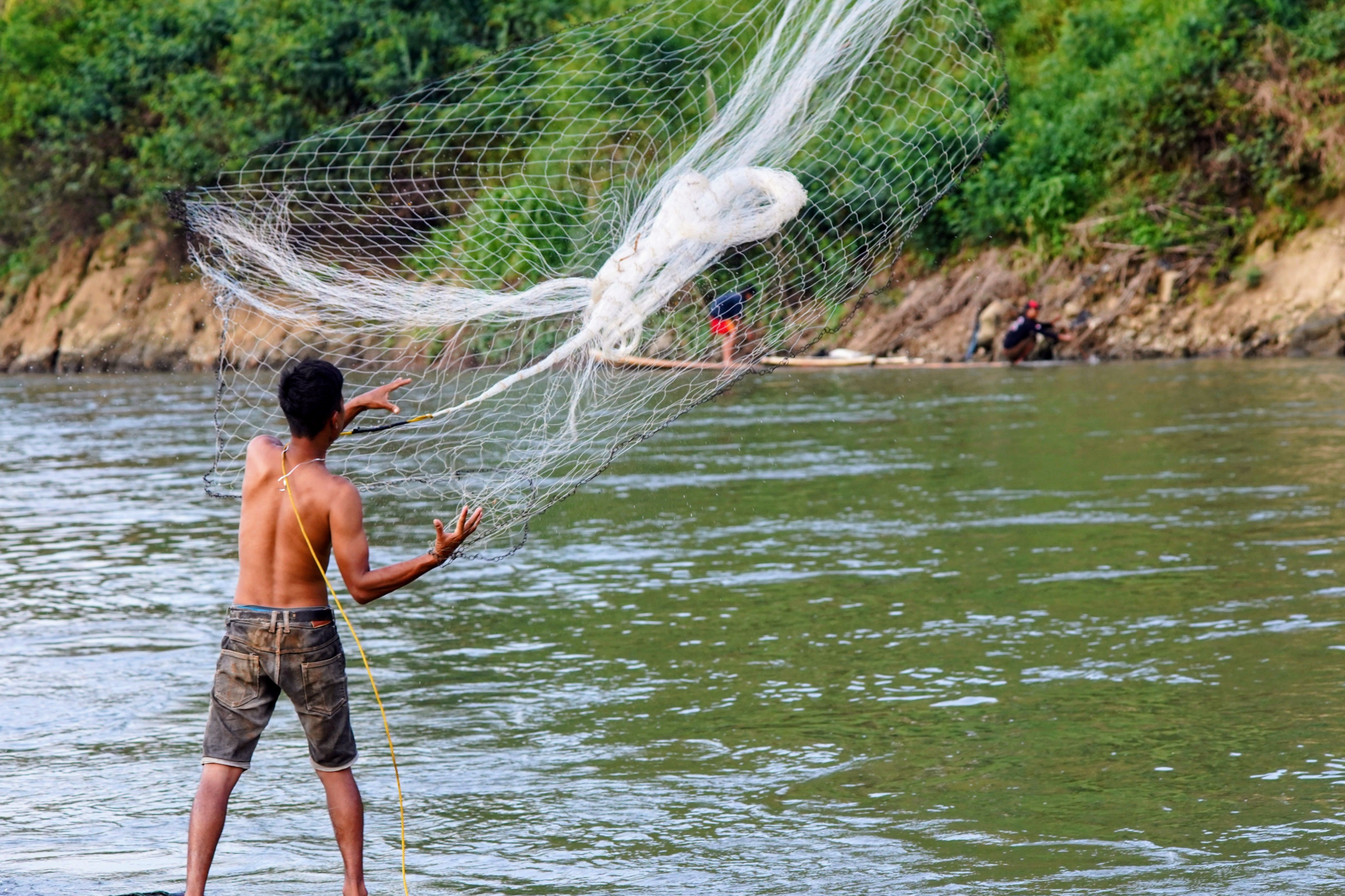 Fisherman Casting a Net in West Java River · Free Stock Photo