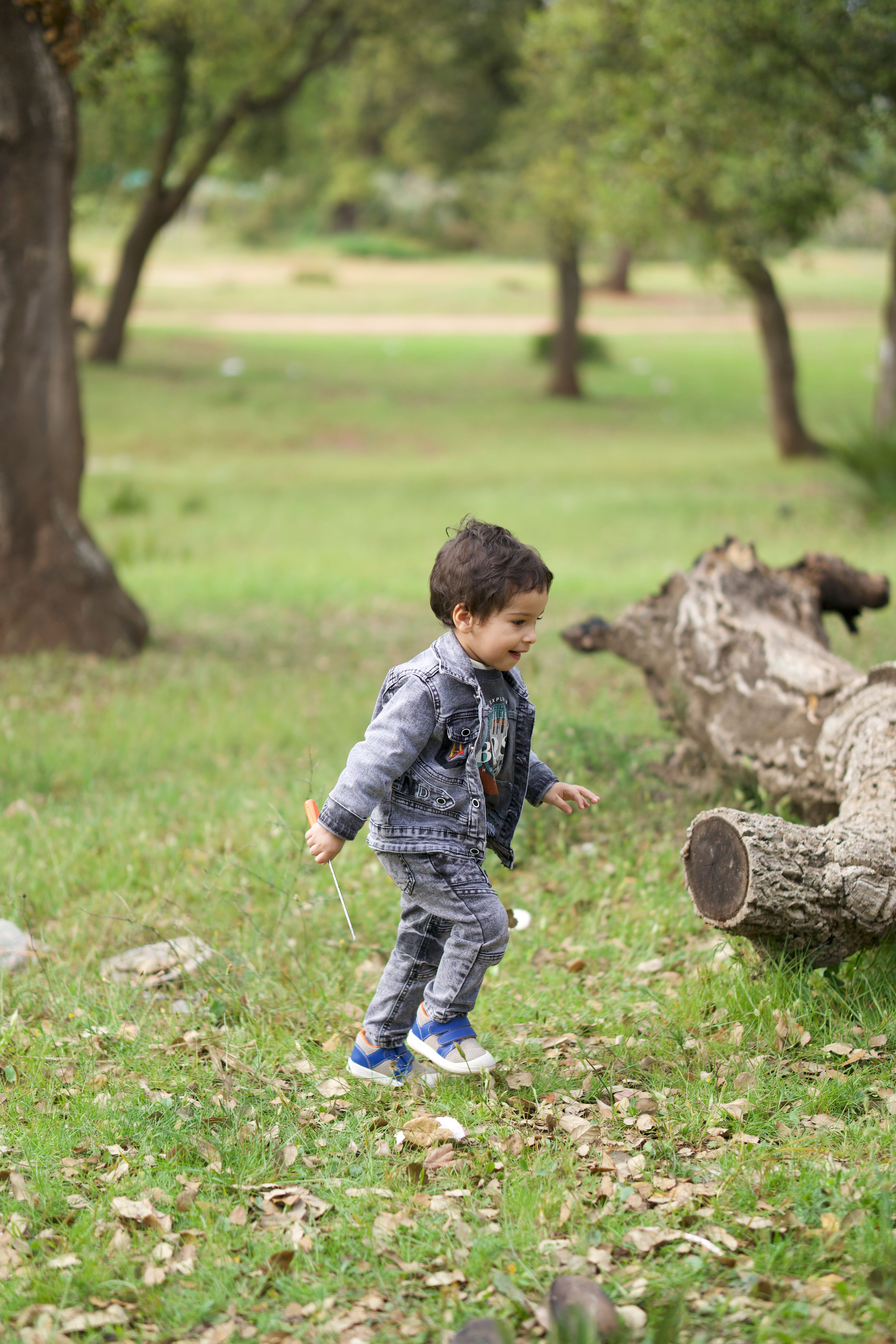 Child Playing in Sunny Park with Fallen Log · Free Stock Photo