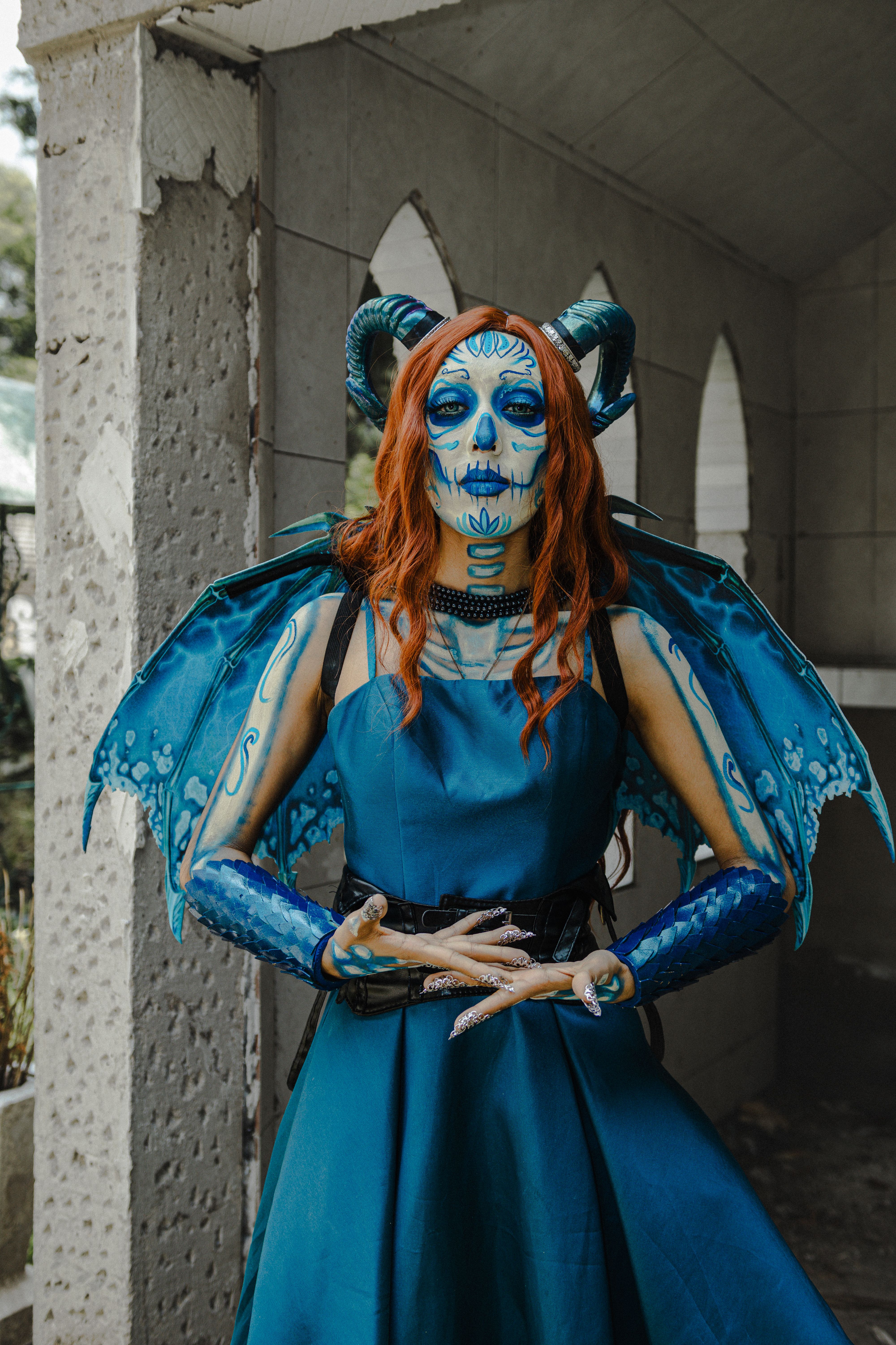 Fantasy Costume with Blue Body Paint and Wings · Free Stock Photo