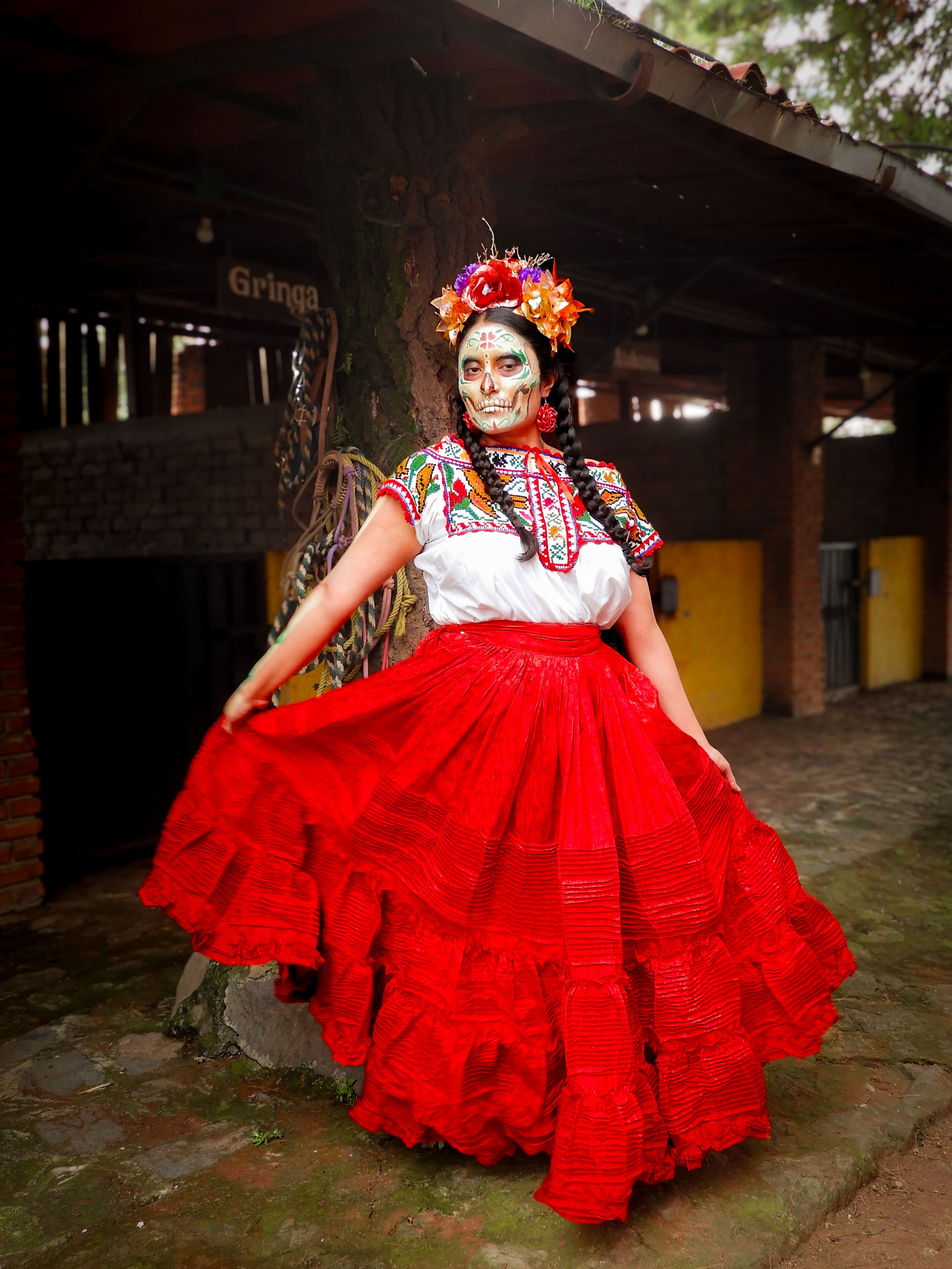 Vibrante Catrina Del Día De Muertos Con Falda Roja · Foto de stock gratuita