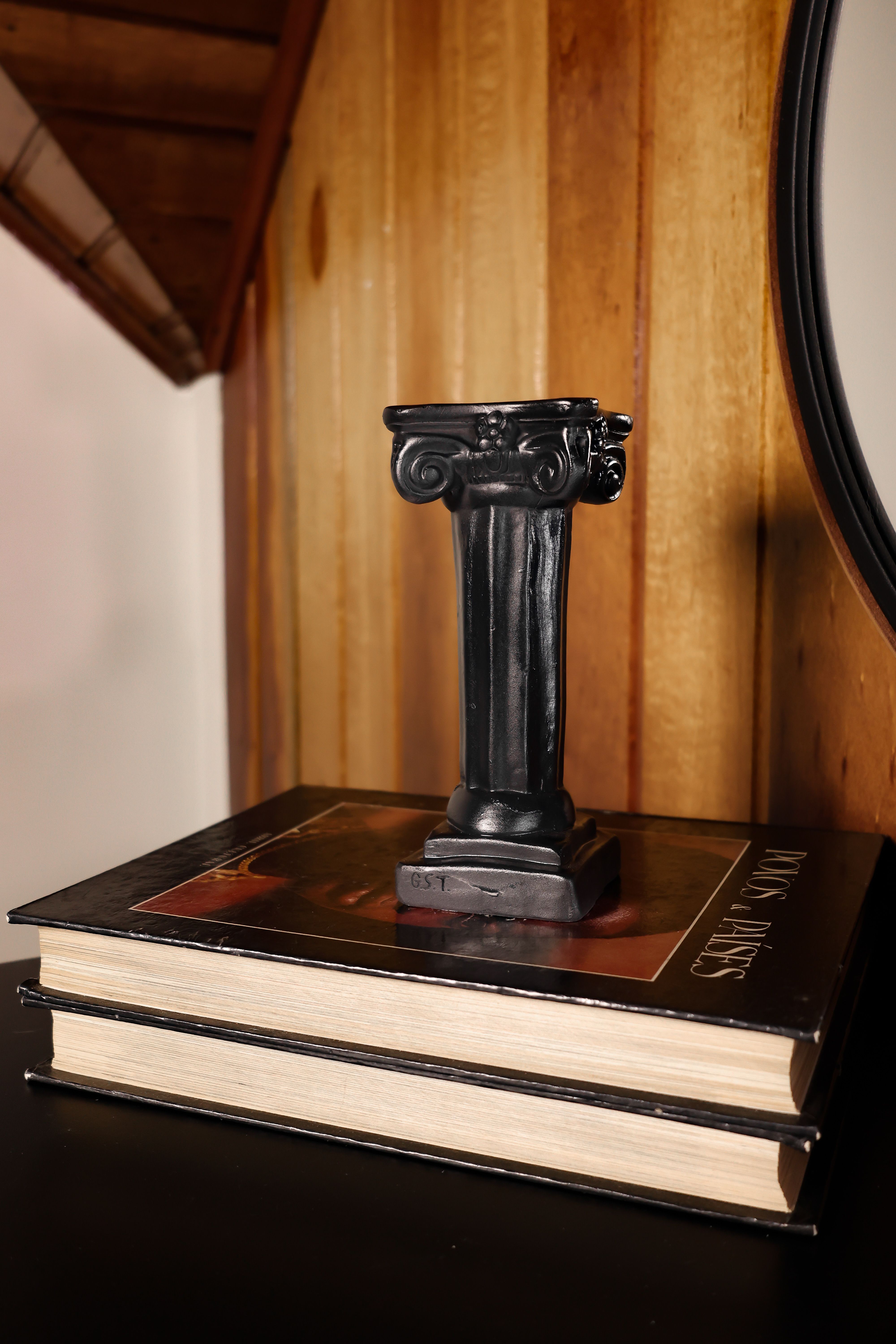 Decorative Black Column on Stacked Books in Wooden Interior · Free ...