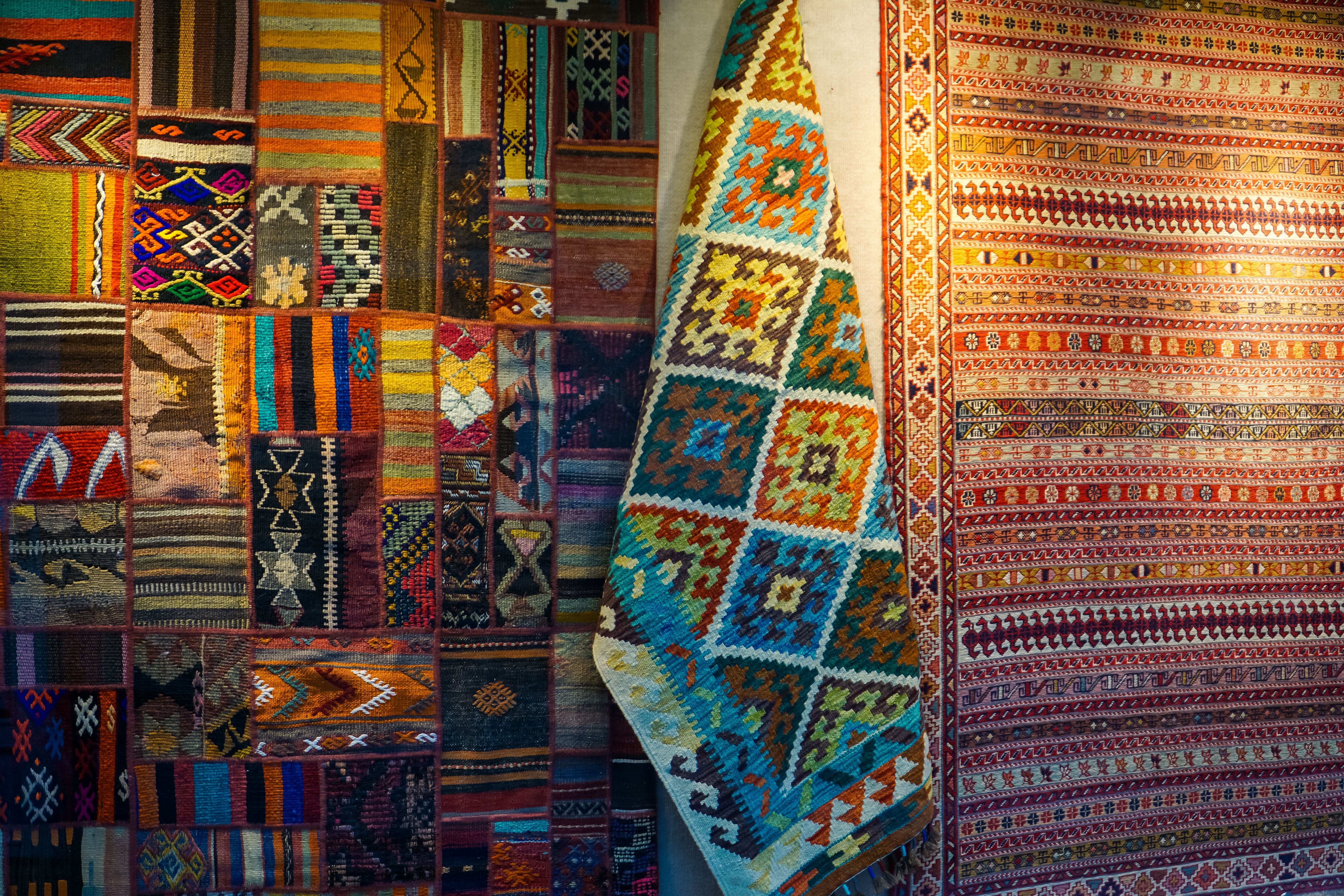 Colorful Traditional Turkish Rugs Display · Free Stock Photo