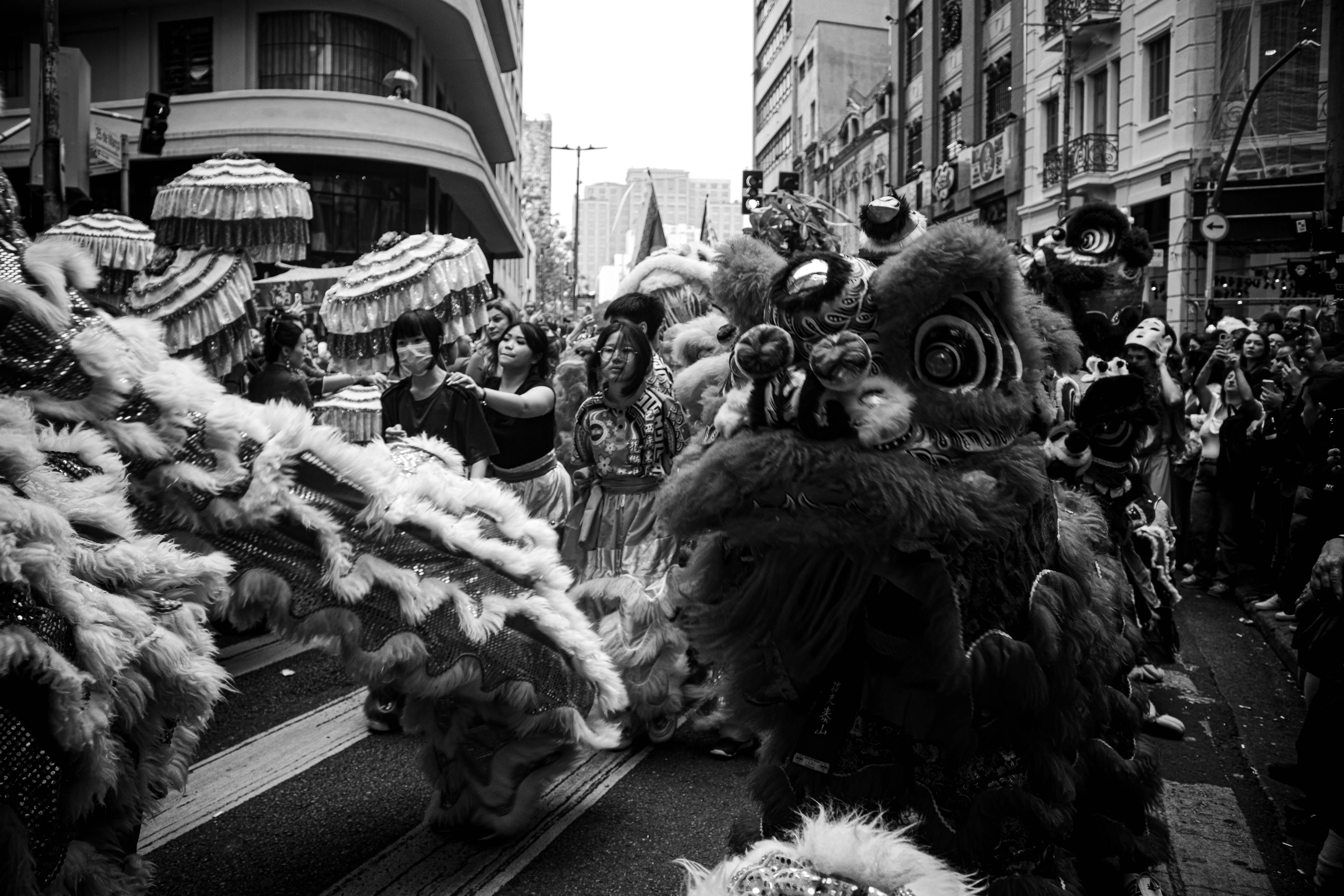 Dynamic Lion Dance Parade Captured in Black and White · Free Stock Photo