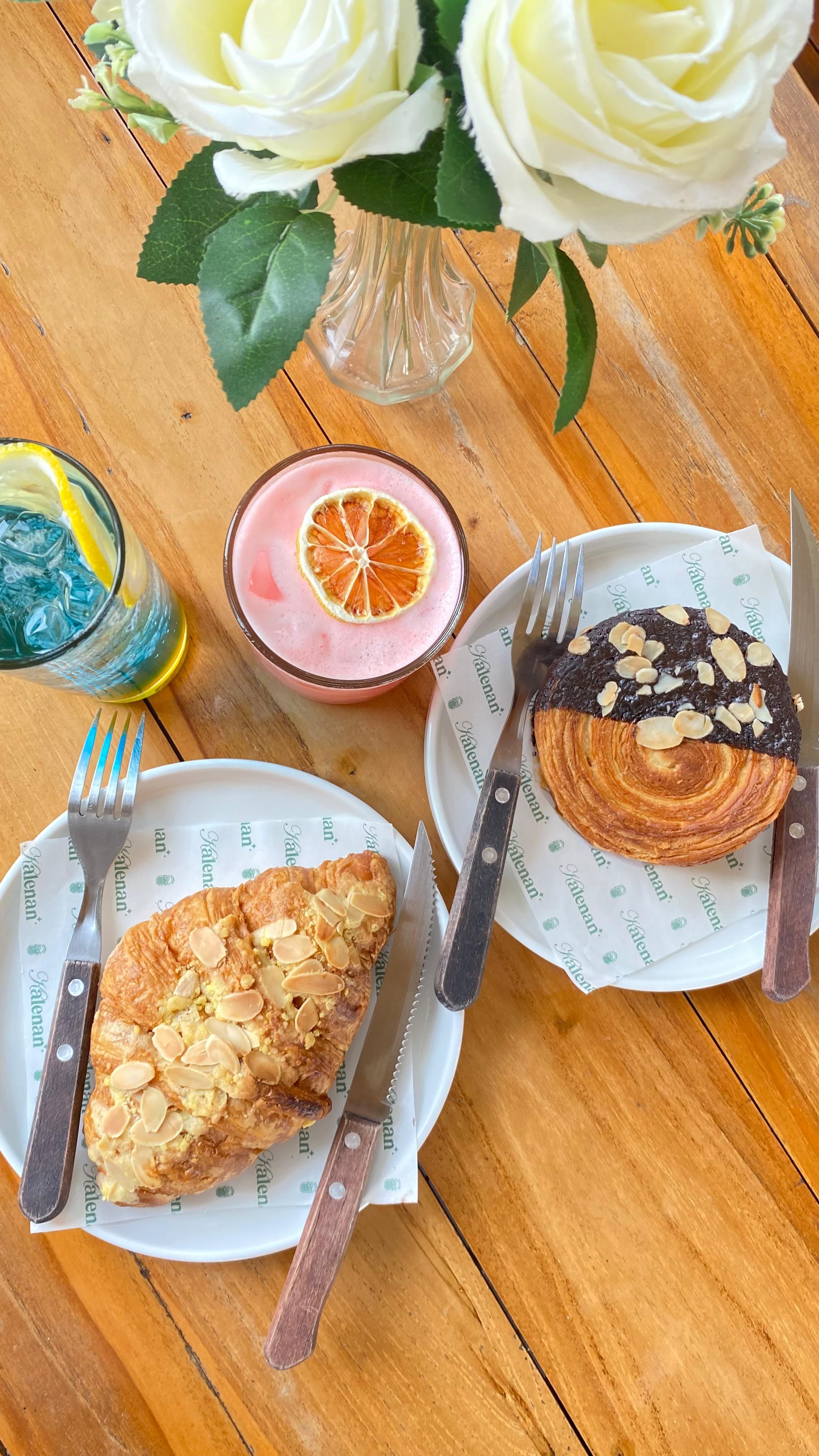 Delicious Pastries with Fresh Drinks on Wooden Table · Free Stock Photo