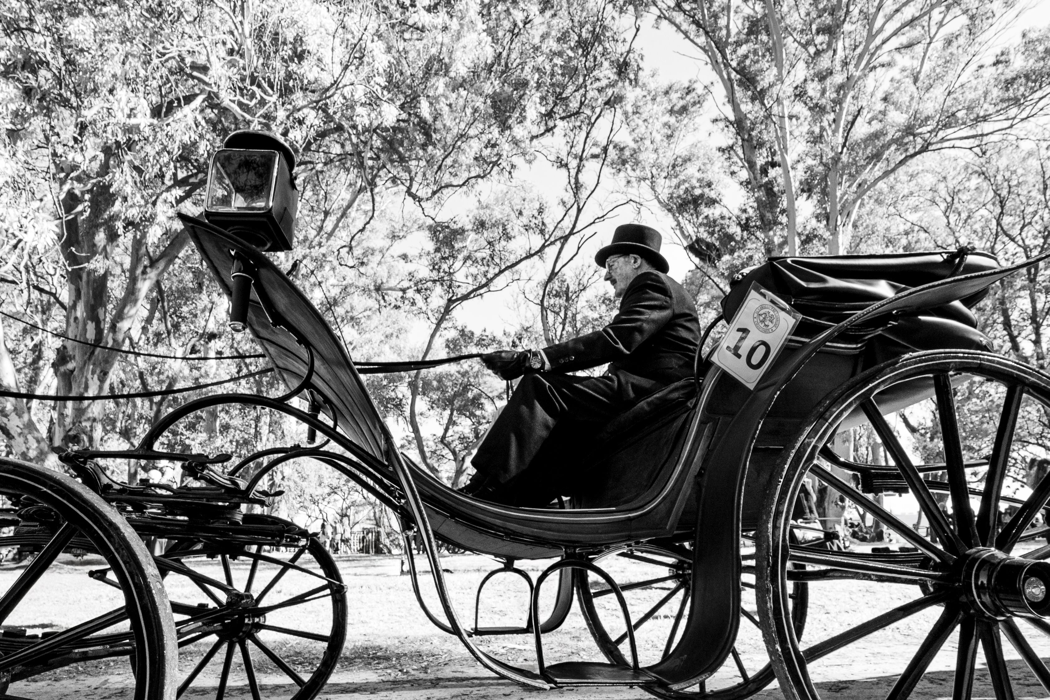 Monochrome Photo of Man in Carriage · Free Stock Photo