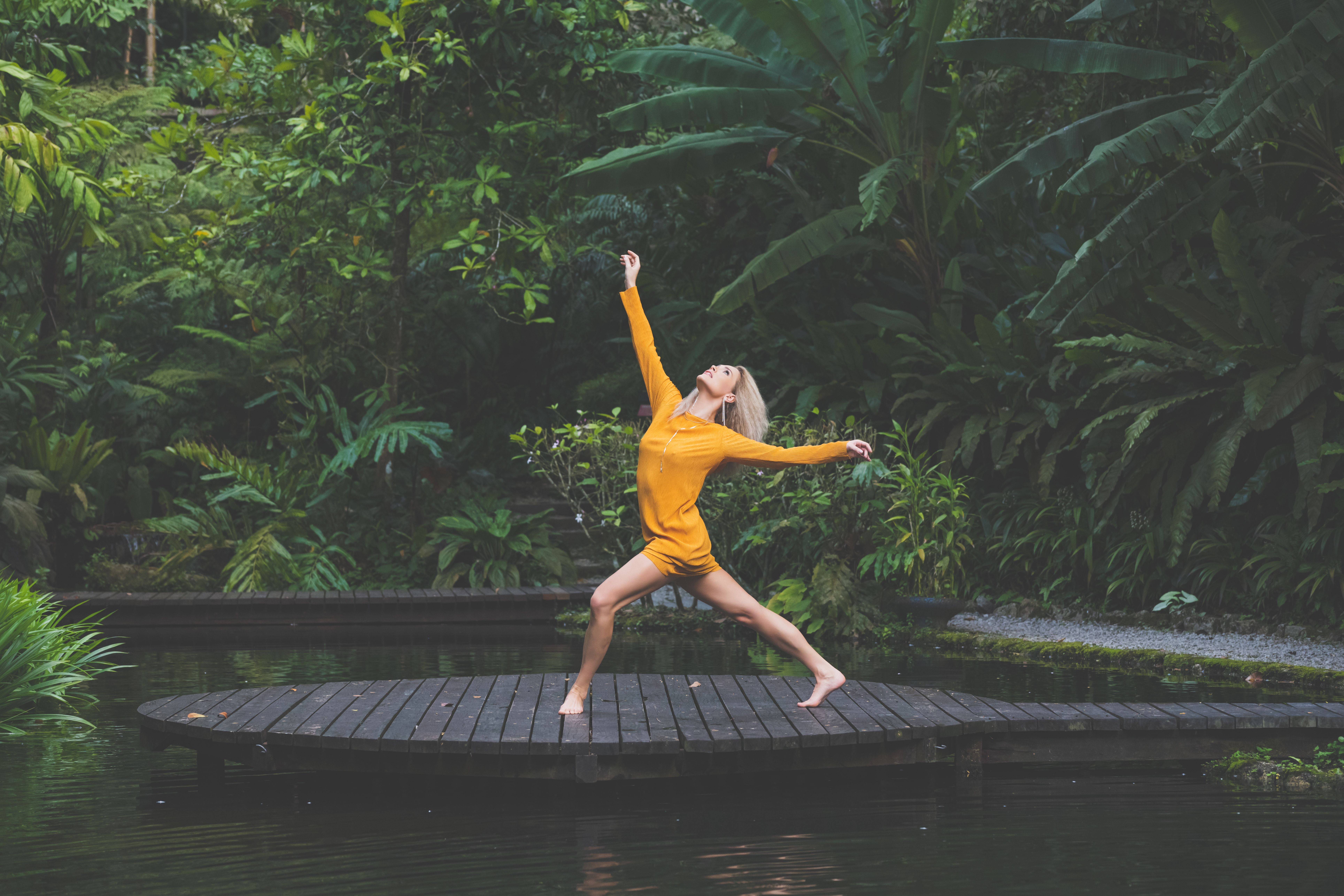 Woman Dancing on Wooden Platform in Lush Jungle · Free Stock Photo