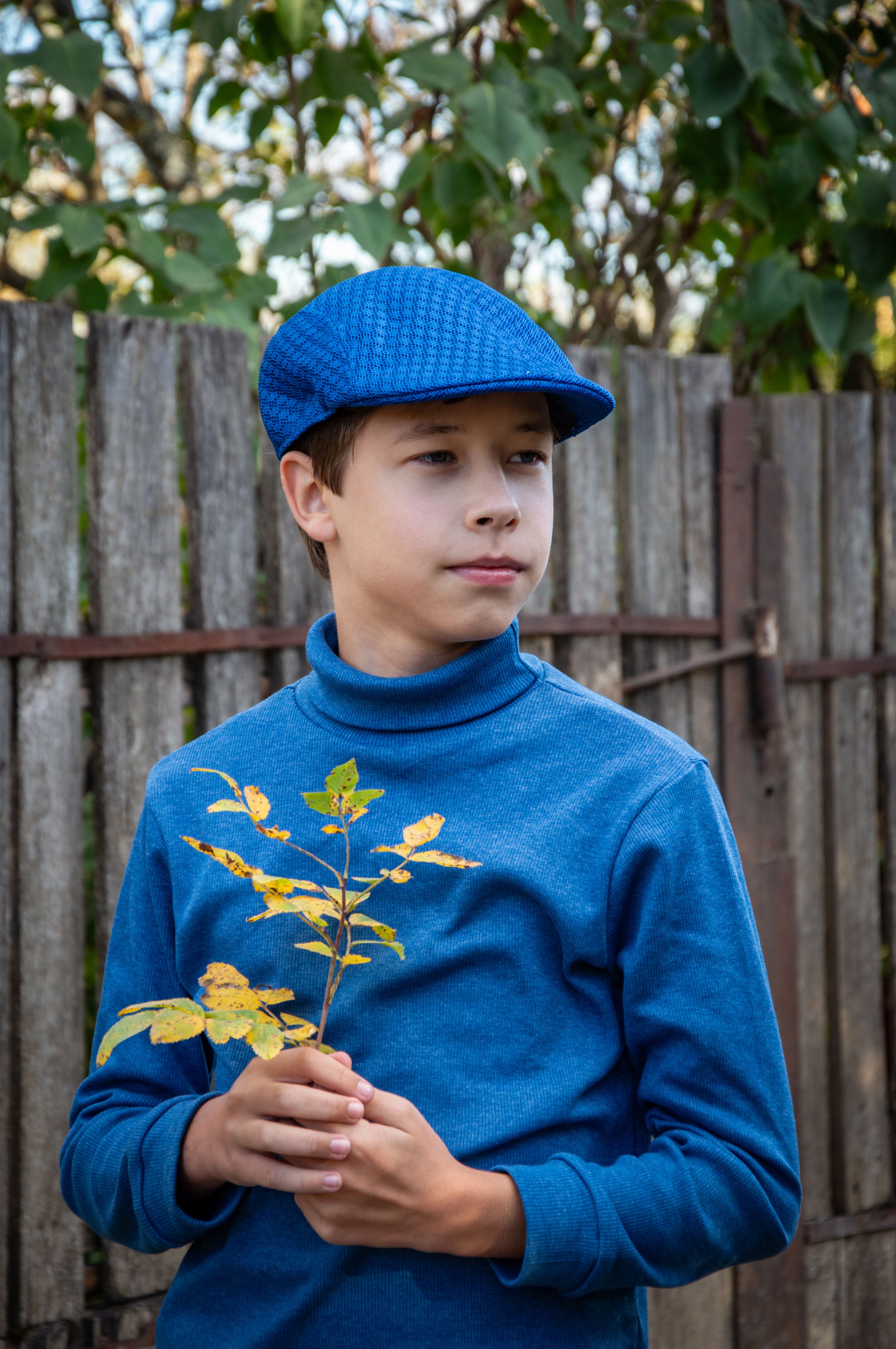 Boy in blue attire holding autumn leaves · Free Stock Photo