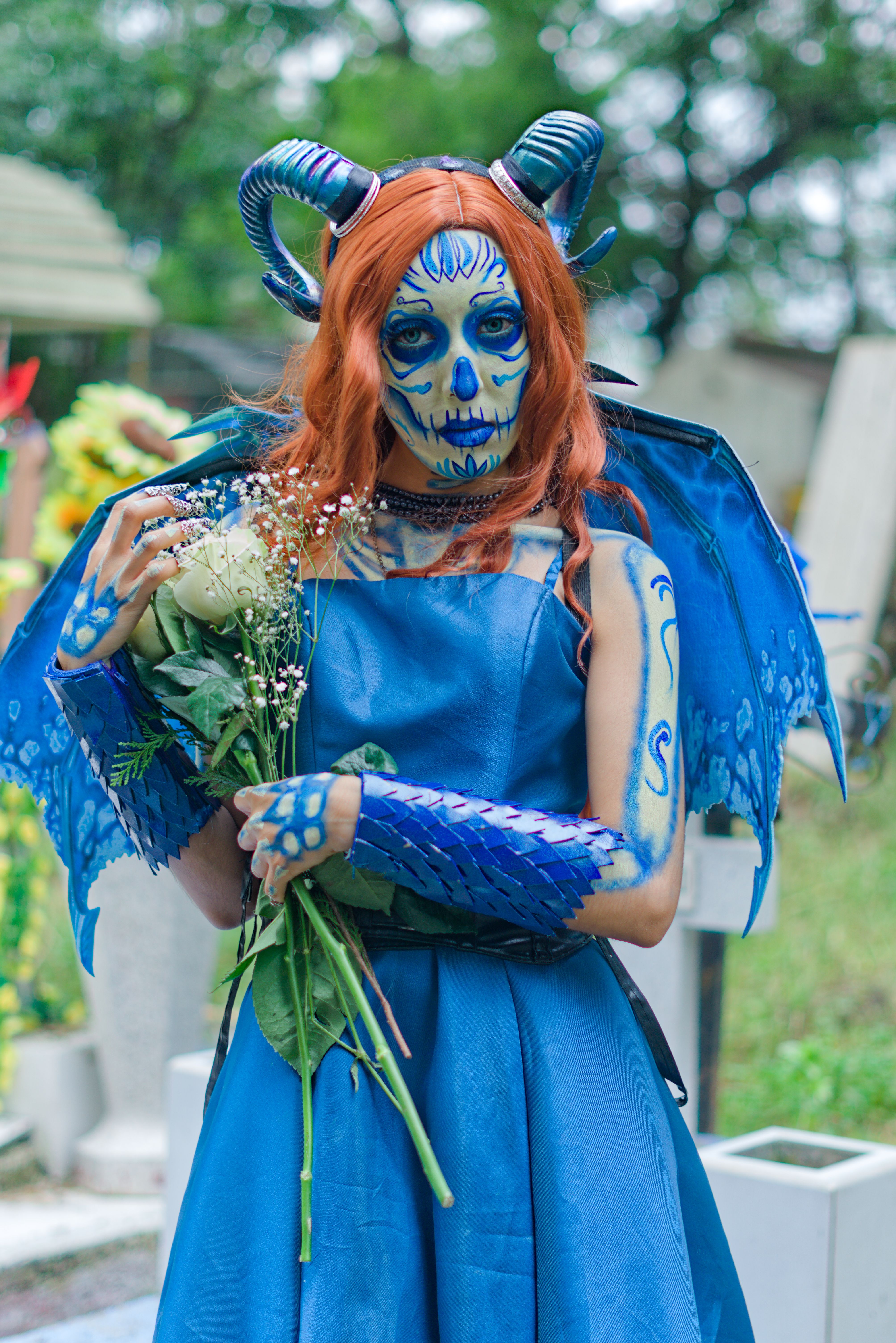Fantasy Cosplay with Blue Painted Face and Wings · Free Stock Photo