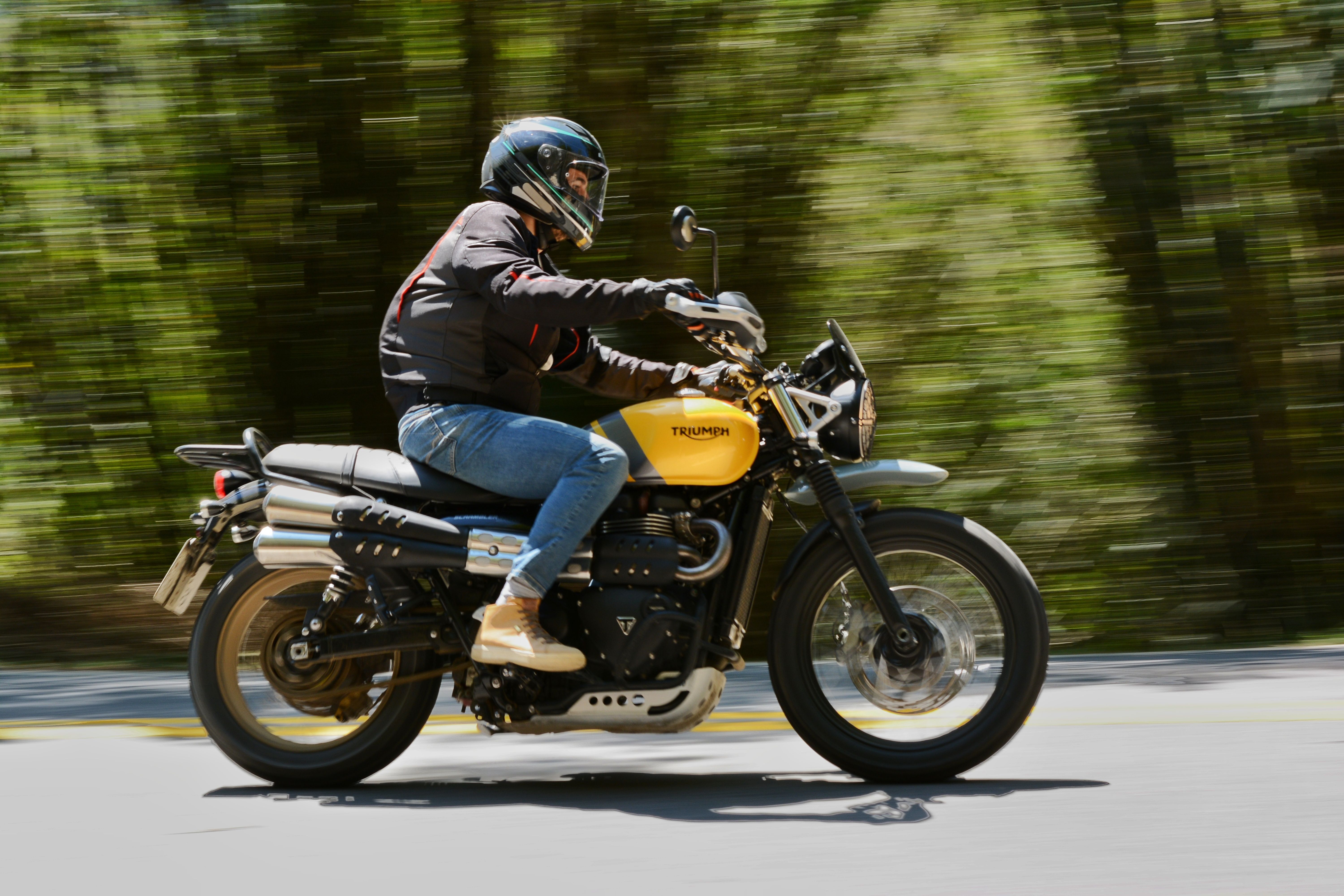 Motociclista Conduciendo Una Motocicleta Triumph Por Un Camino Forestal ...