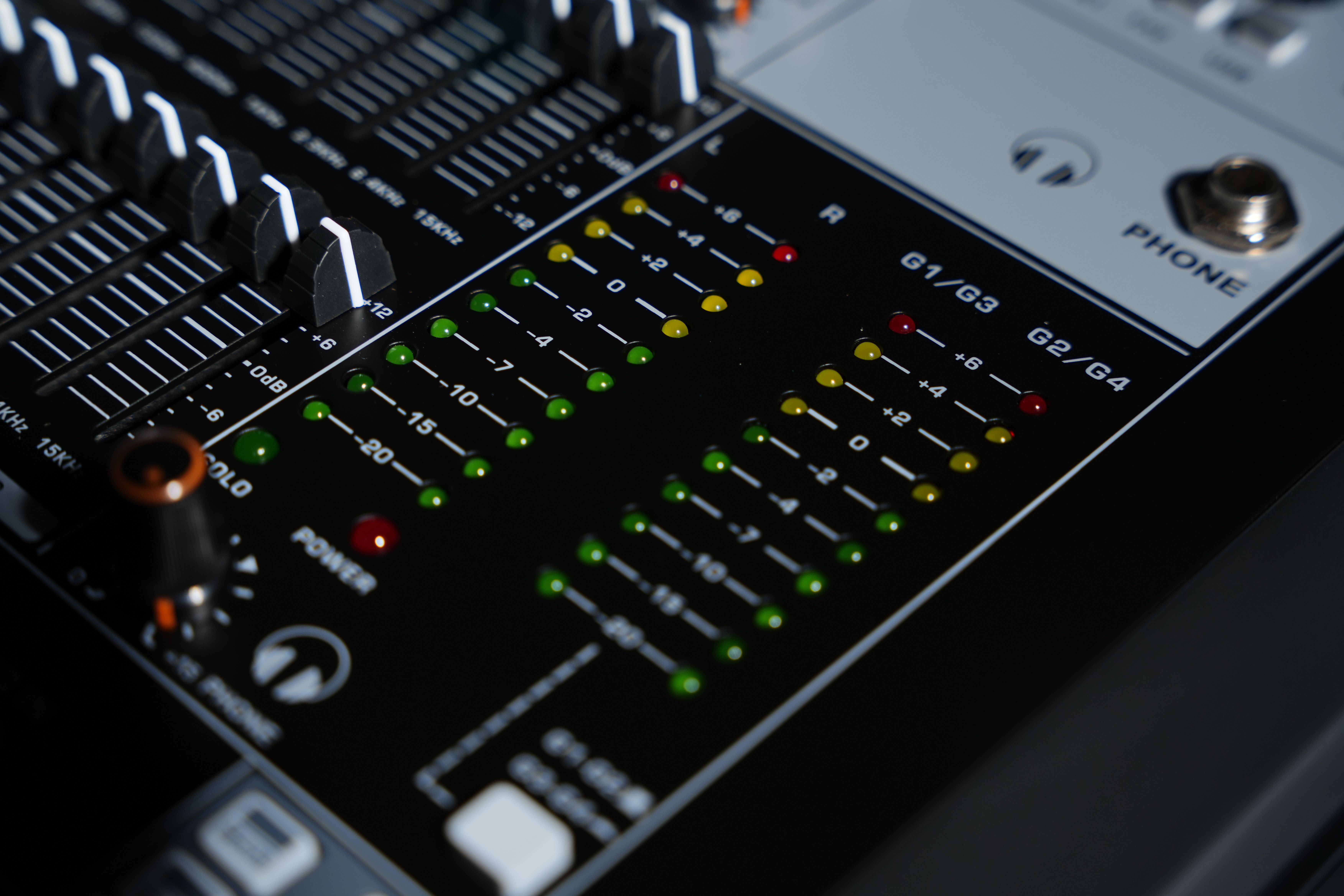 Close-up of Audio Mixer with Faders and Indicators · Free Stock Photo