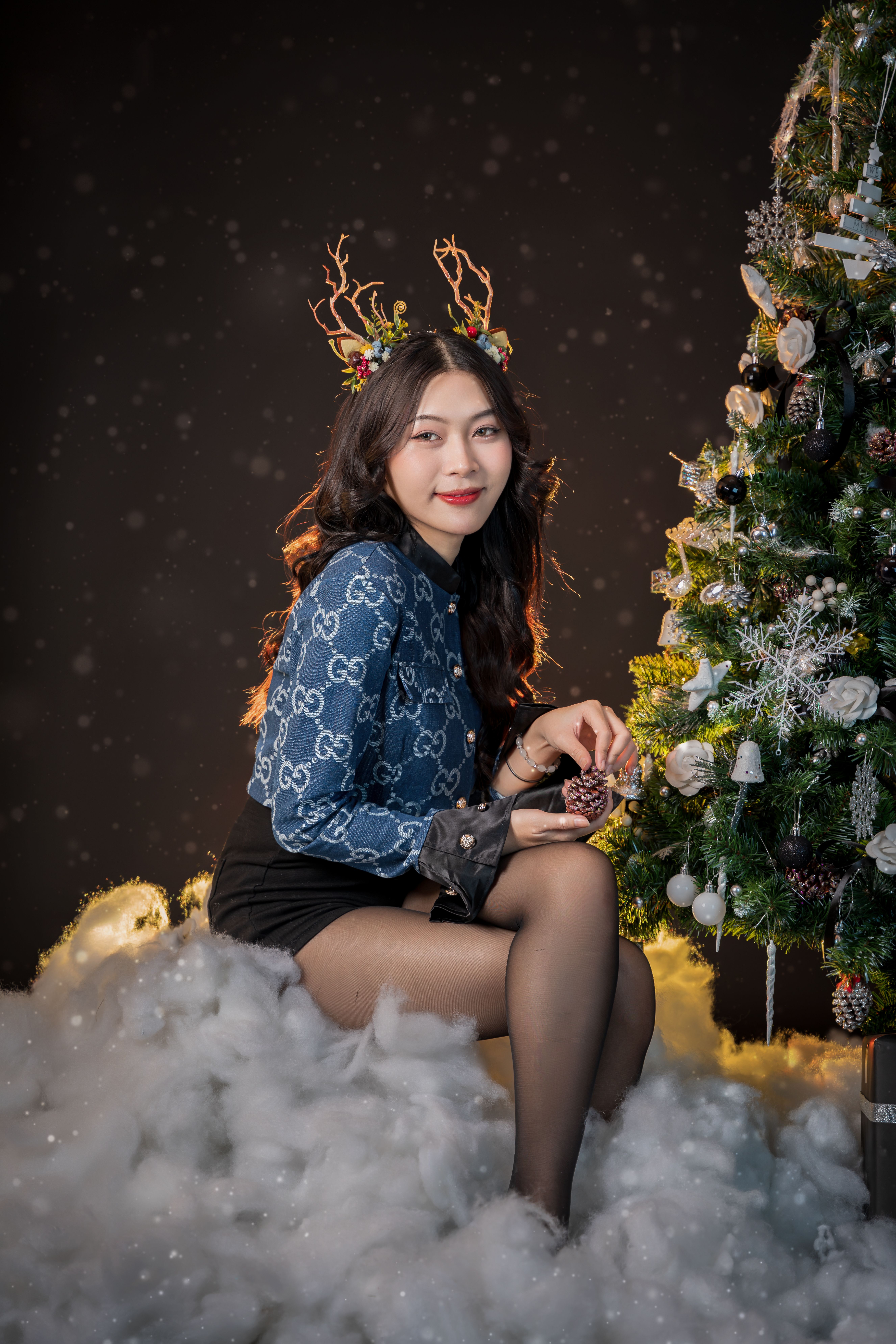 Festive Portrait with Christmas Tree and Ornaments · Free Stock Photo