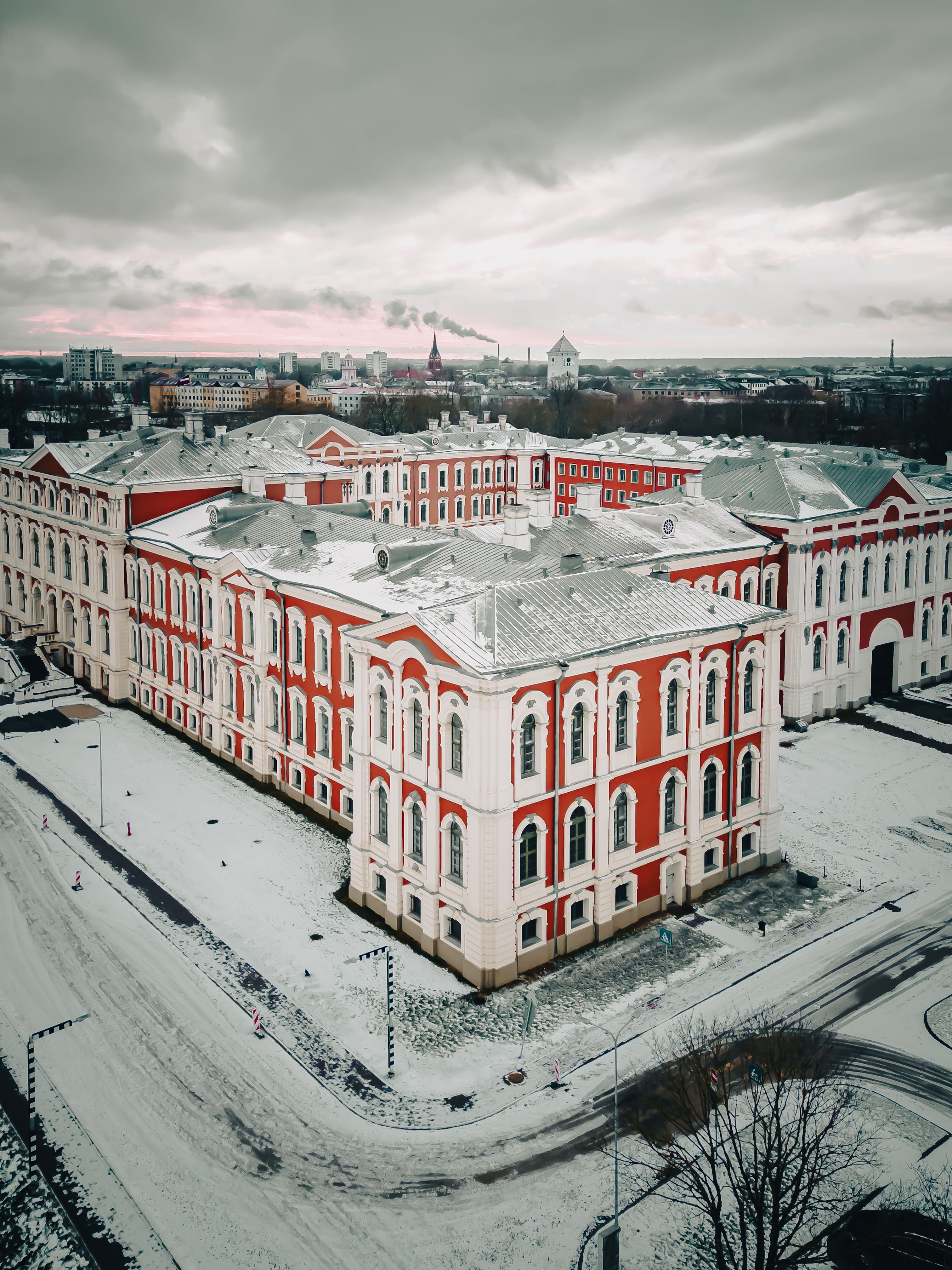 Aerial View of Historic Building in Winter Snow · Free Stock Photo