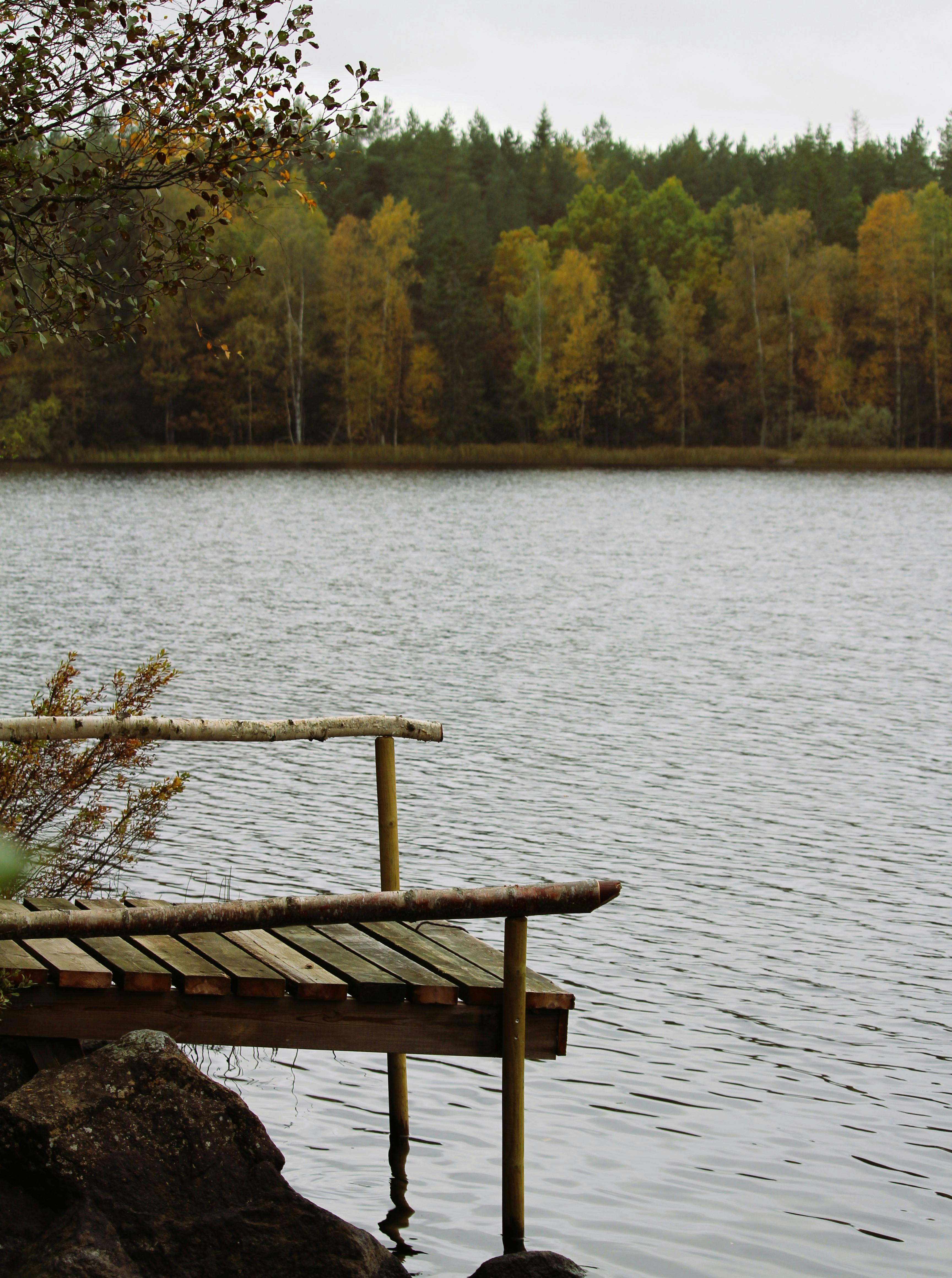 Vista Tranquila Do Lago De Outono Com Píer De Madeira · Foto ...
