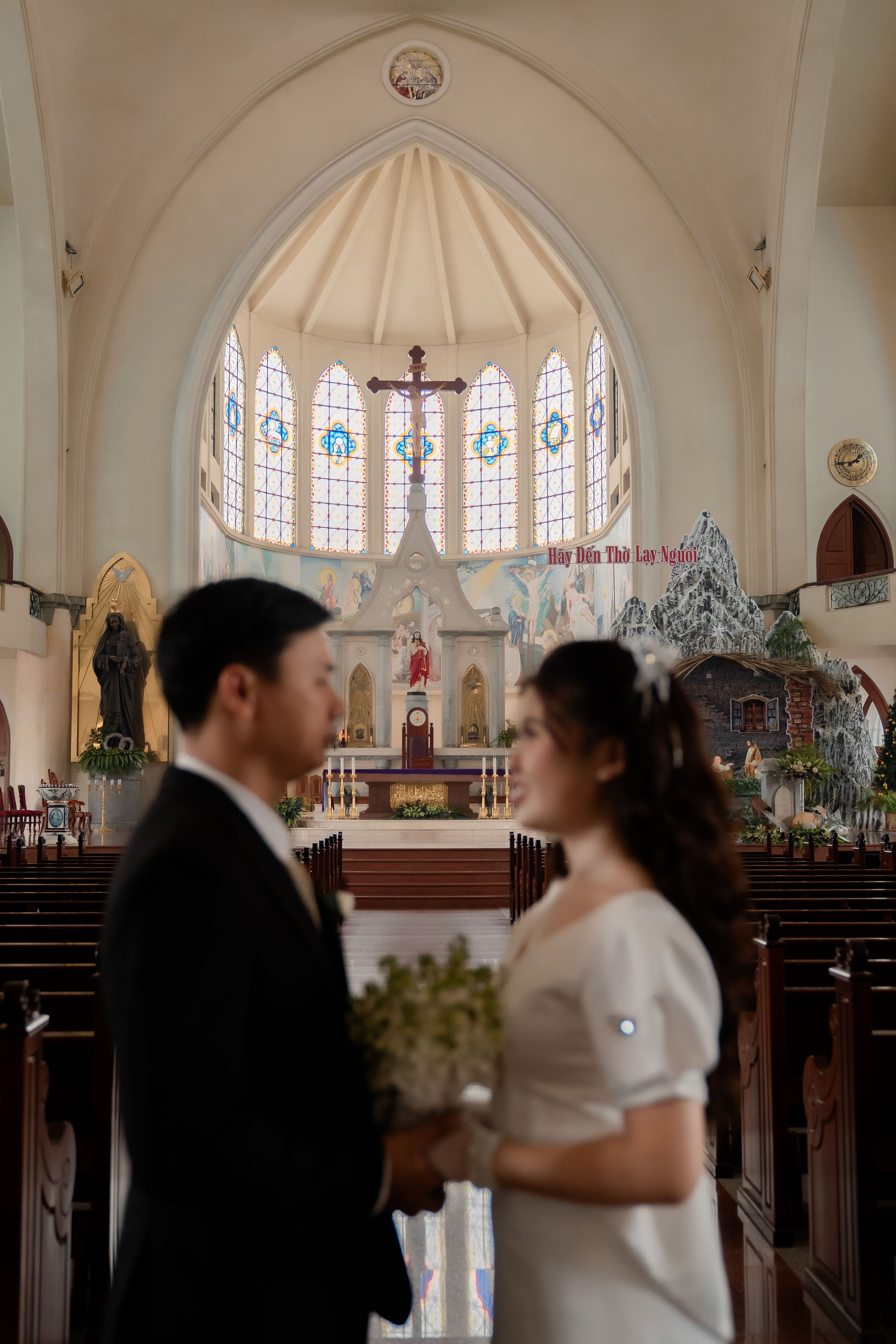 Romantic Wedding Couple in Church Interior · Free Stock Photo