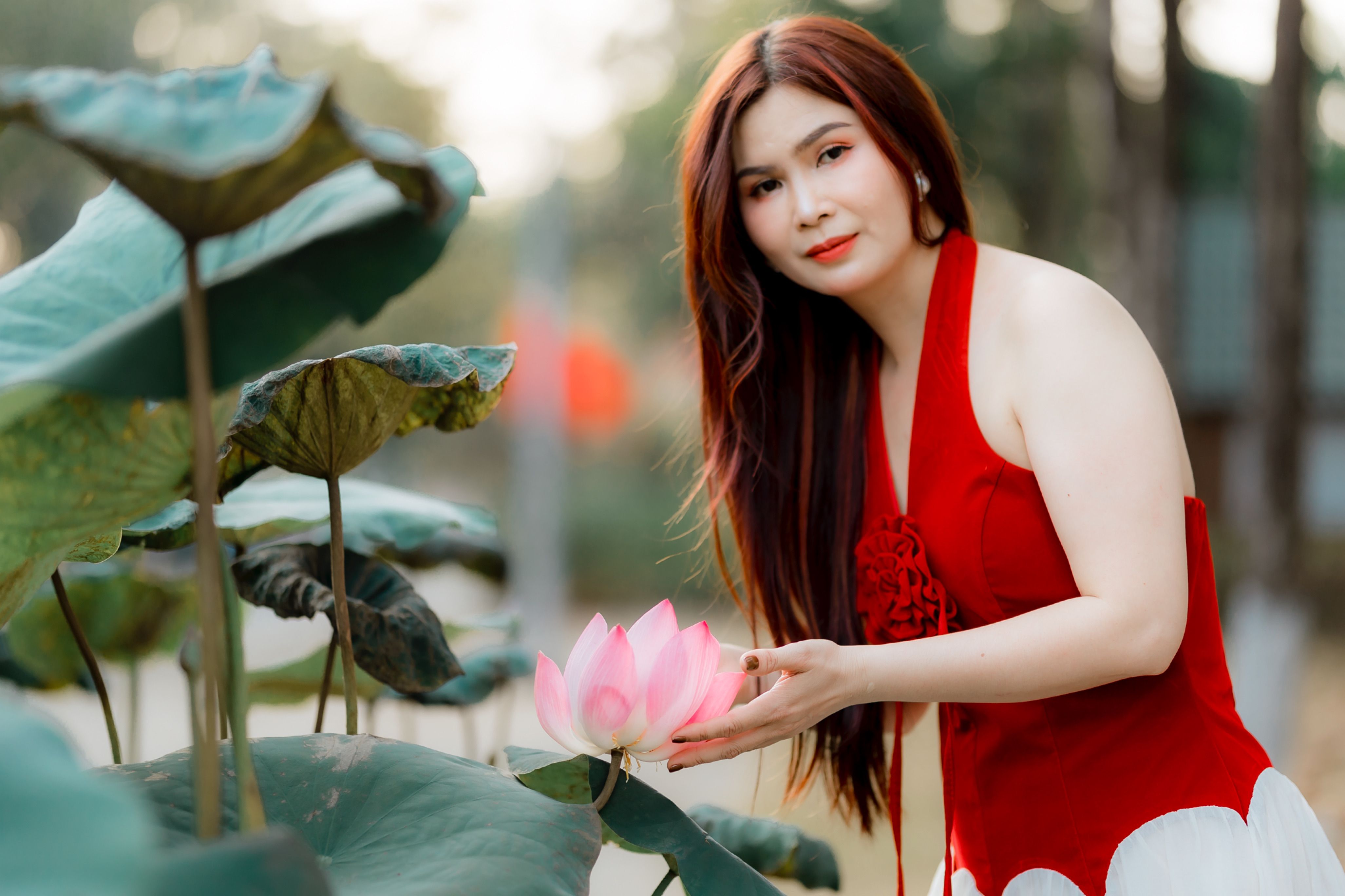 Woman in Red Dress Admiring Lotus Flower Outdoors · Free Stock Photo
