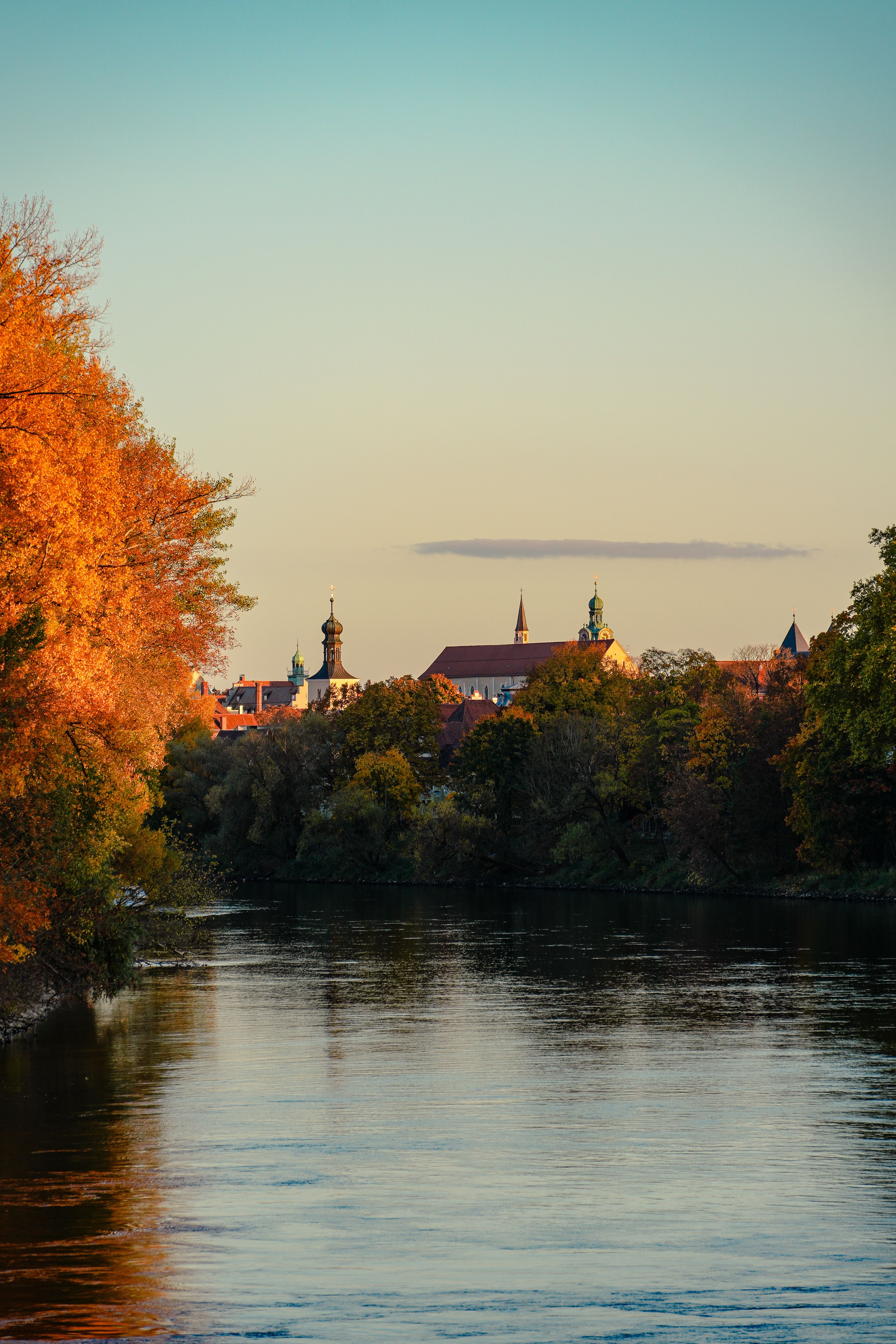 Scenic Autumn River View with Cityscape · Free Stock Photo