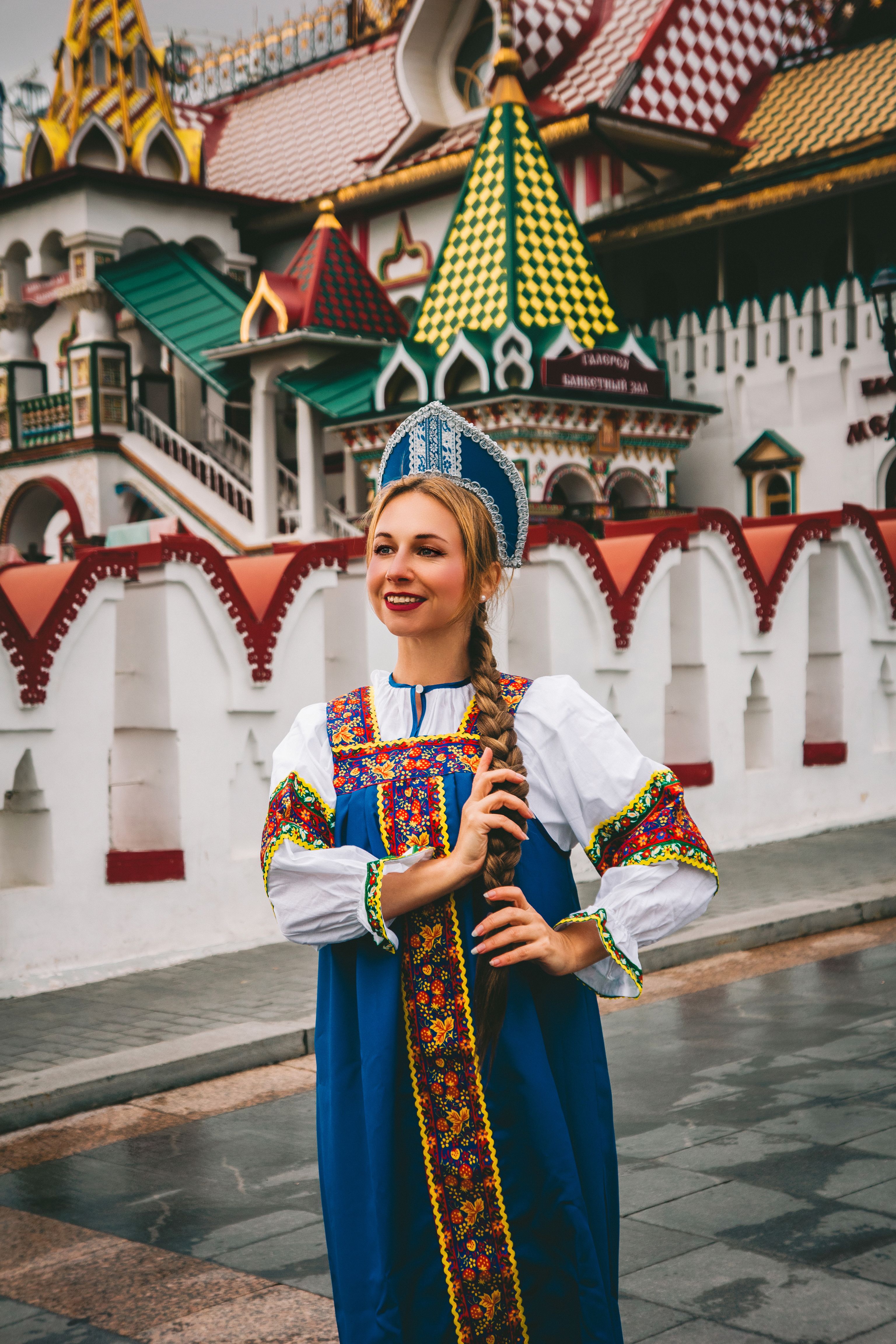 Woman in Traditional Russian Costume Outside Architectural Landmark ...