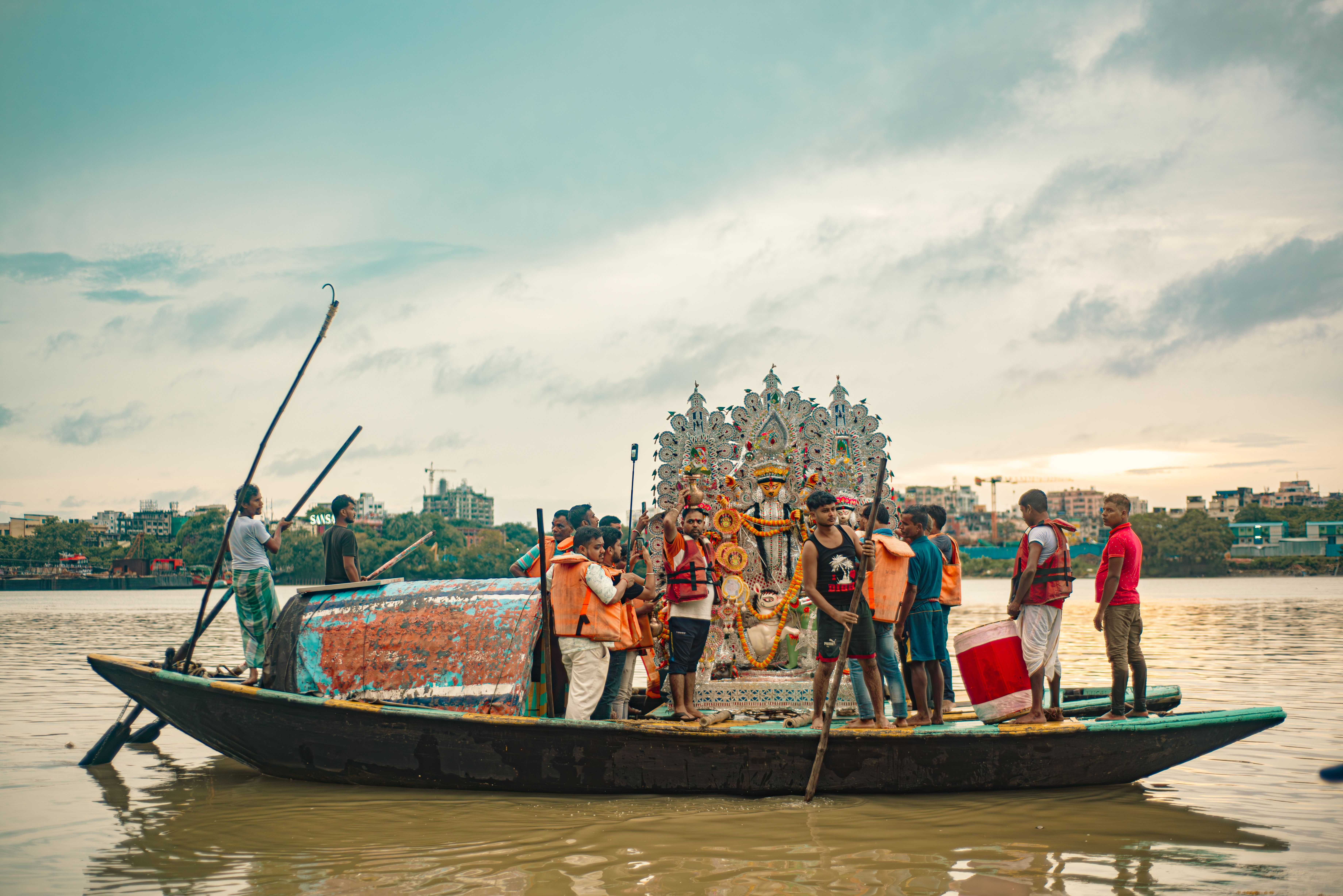 Cultural Boat Procession with Durga Idol on River · Free Stock Photo