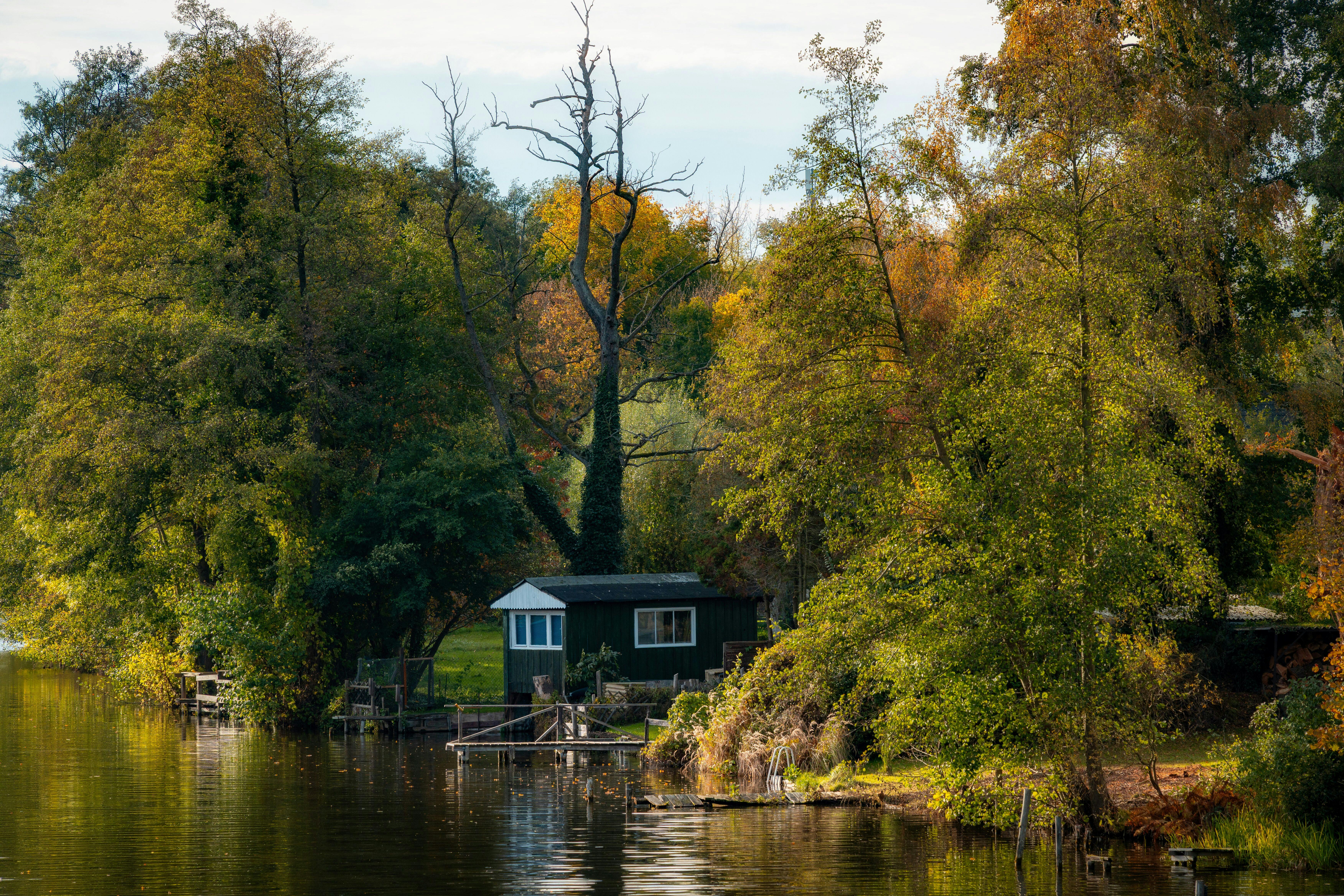 Cabane Tranquille Au Bord Du Lac Dans Le Feuillage D'automne · Photo ...