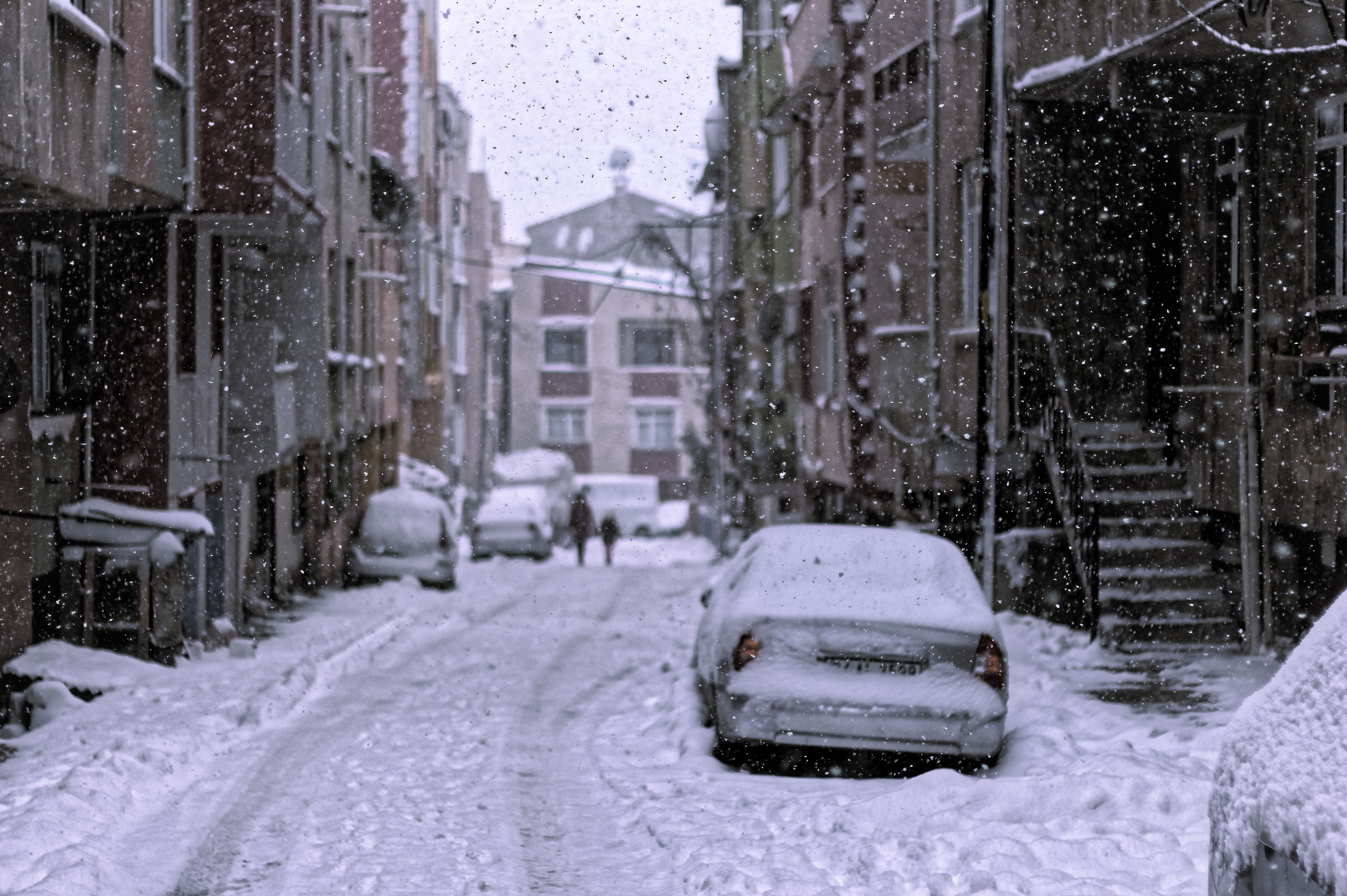 Snowy Urban Street Scene with Falling Snowflakes · Free Stock Photo