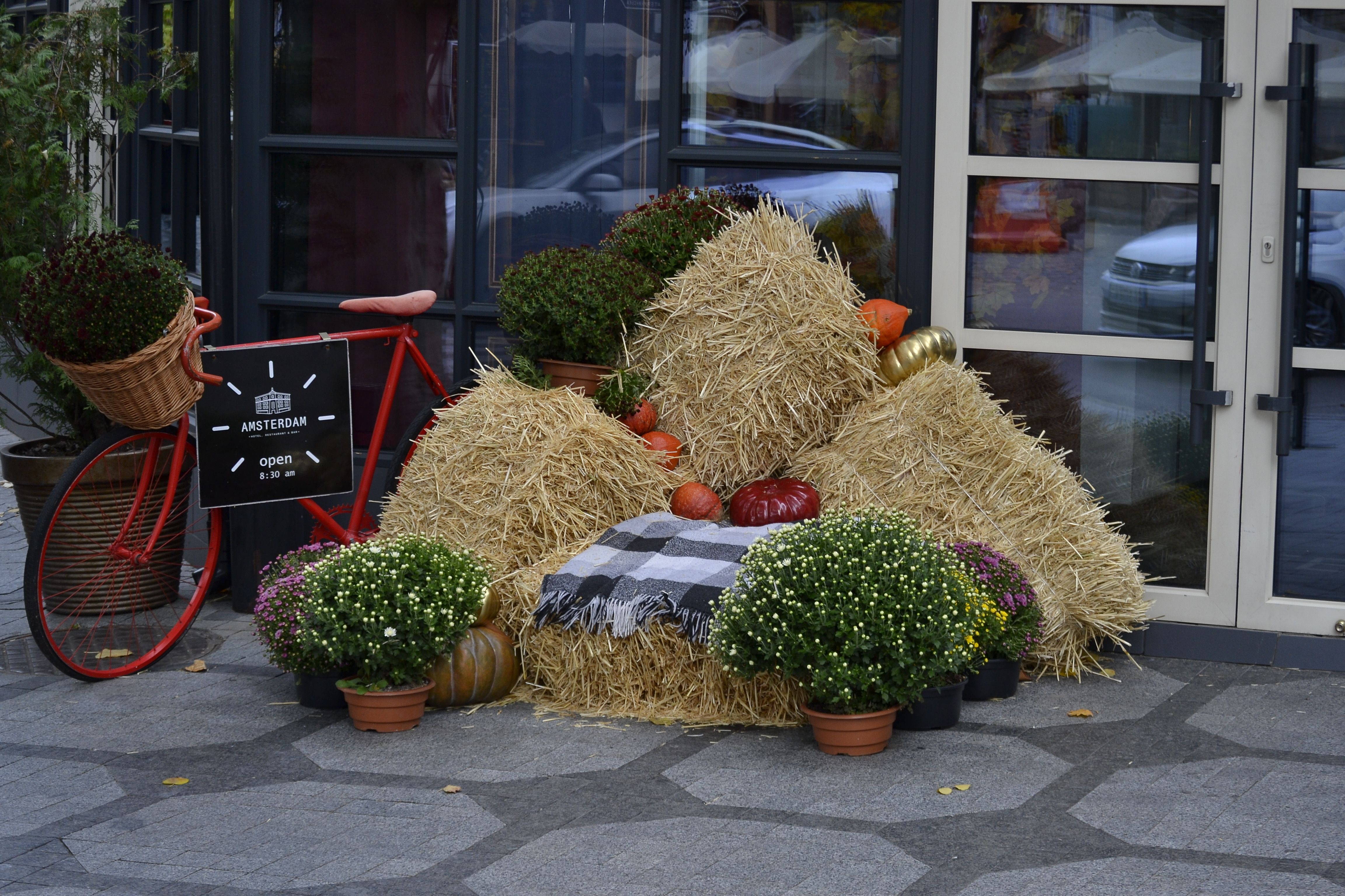 Autumn Street Decor with Hay Bales and Pumpkins · Free Stock Photo
