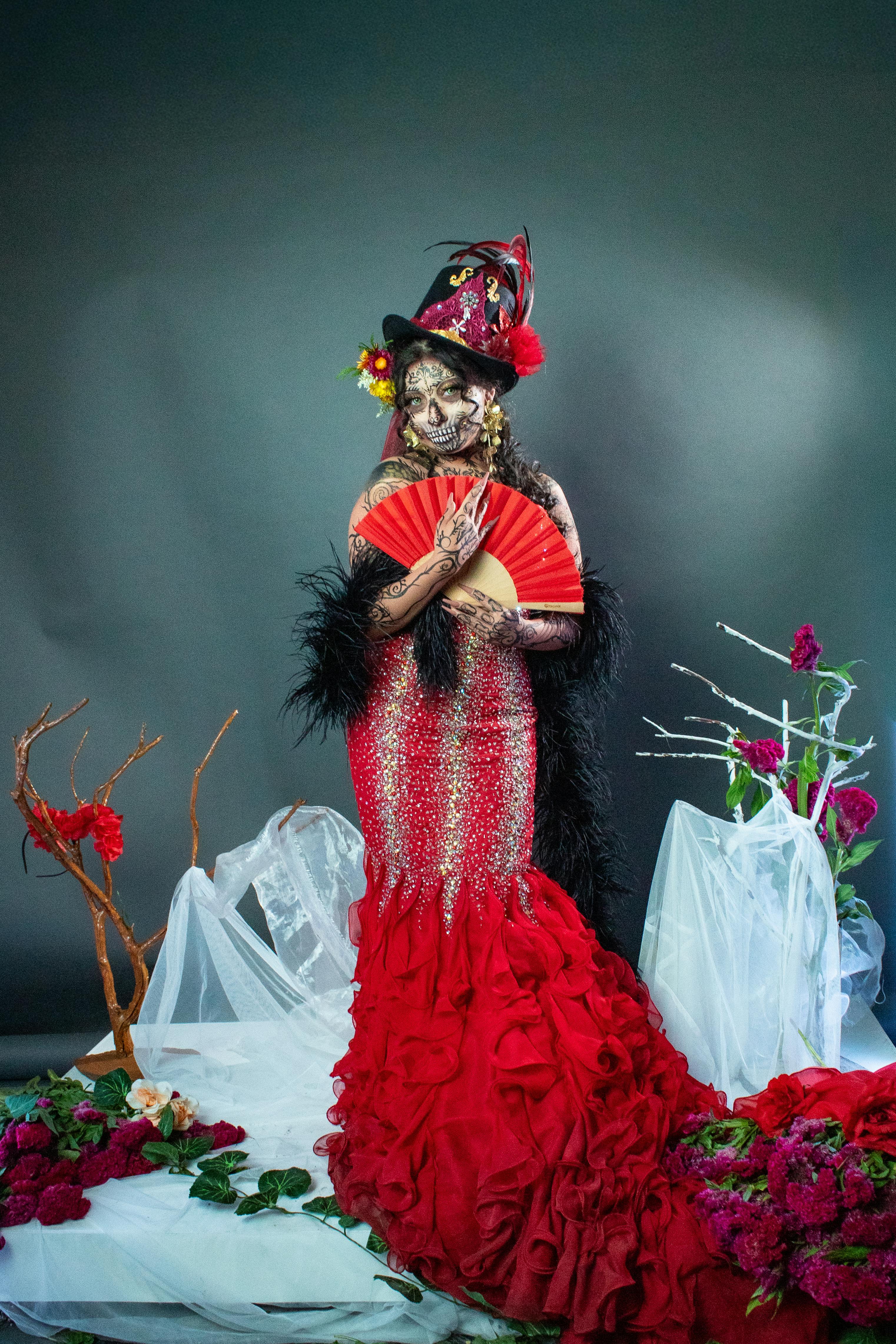 Elegant Catrina in Red Costume for Día de Muertos · Free Stock Photo