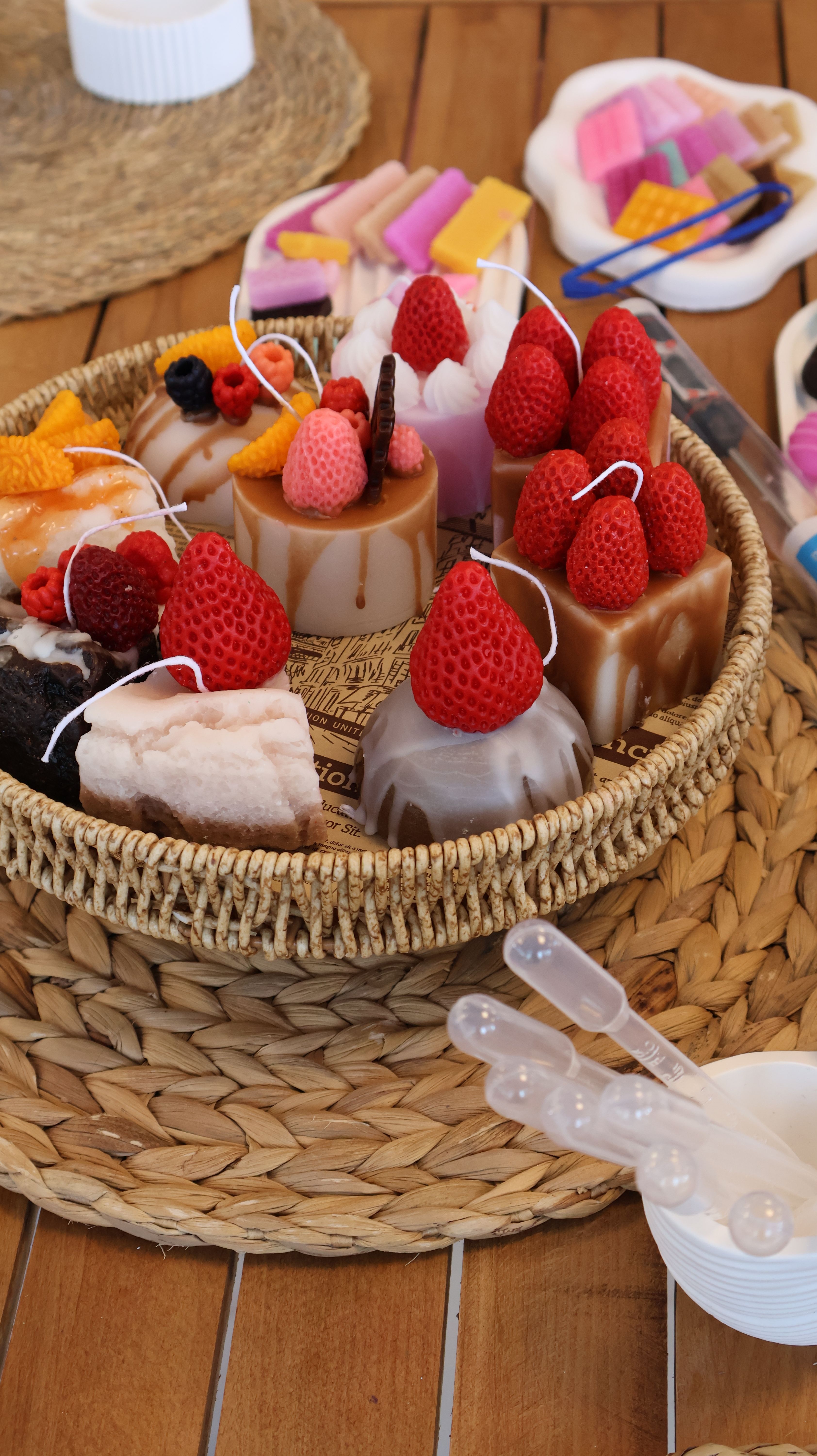 Colorful Candles in Basket Resembling Pastries · Free Stock Photo