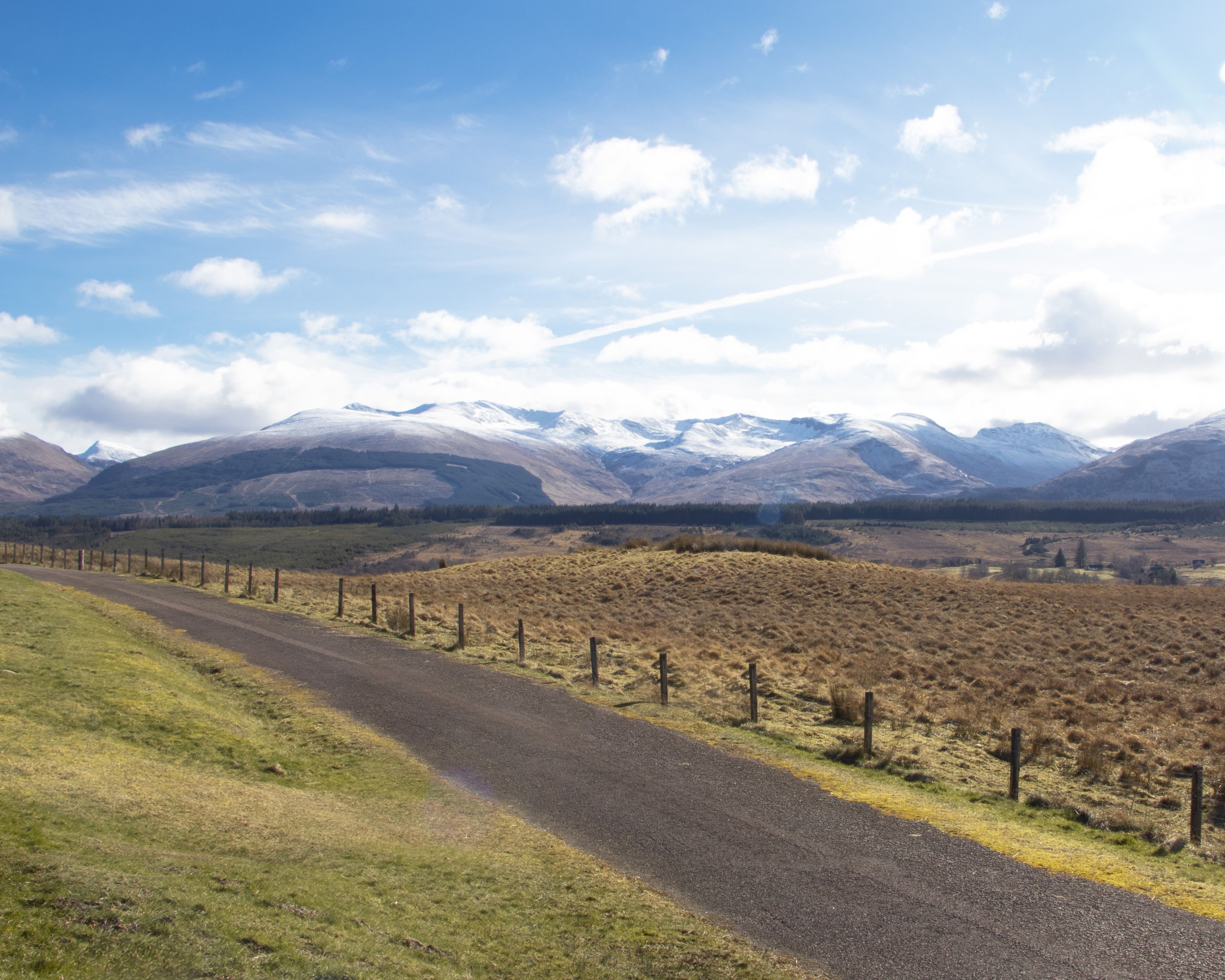 Scenic Scottish Highlands Road with Snowy Mountains · Free Stock Photo