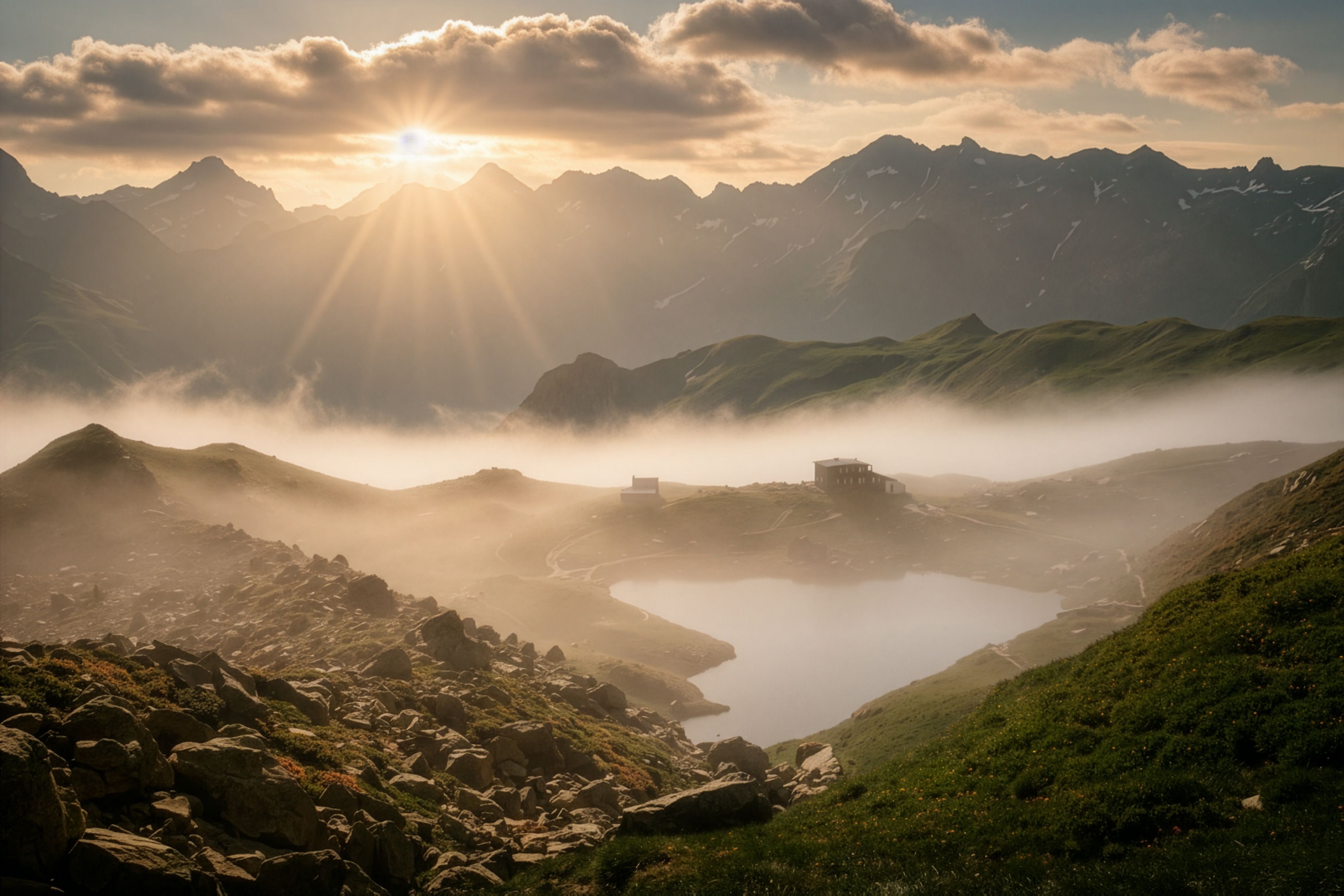 Majestic Alpine Sunrise Over Misty Lake · Free Stock Photo