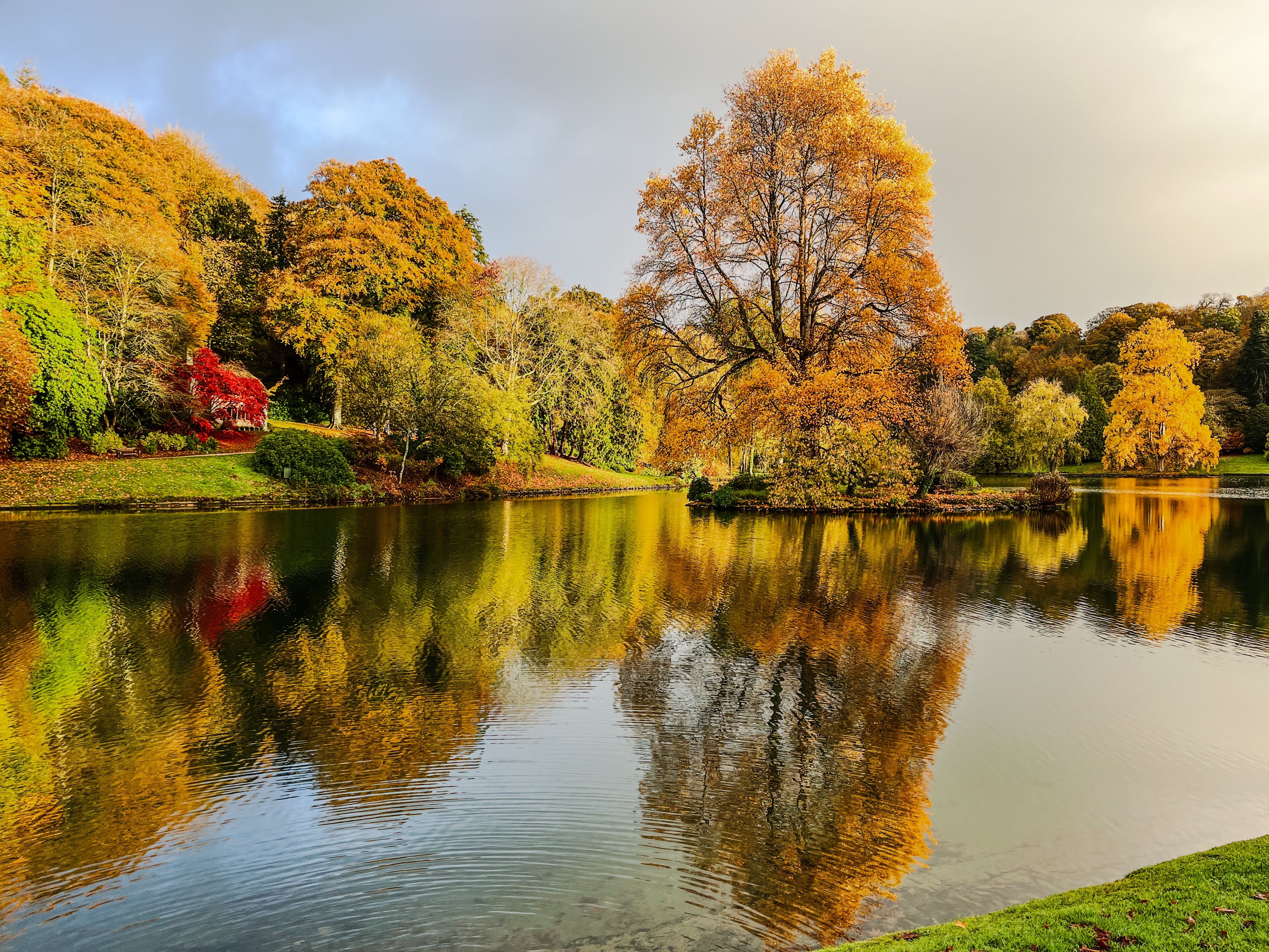 Vista Panorâmica Do Lago De Outono Com Folhagens Coloridas · Foto ...