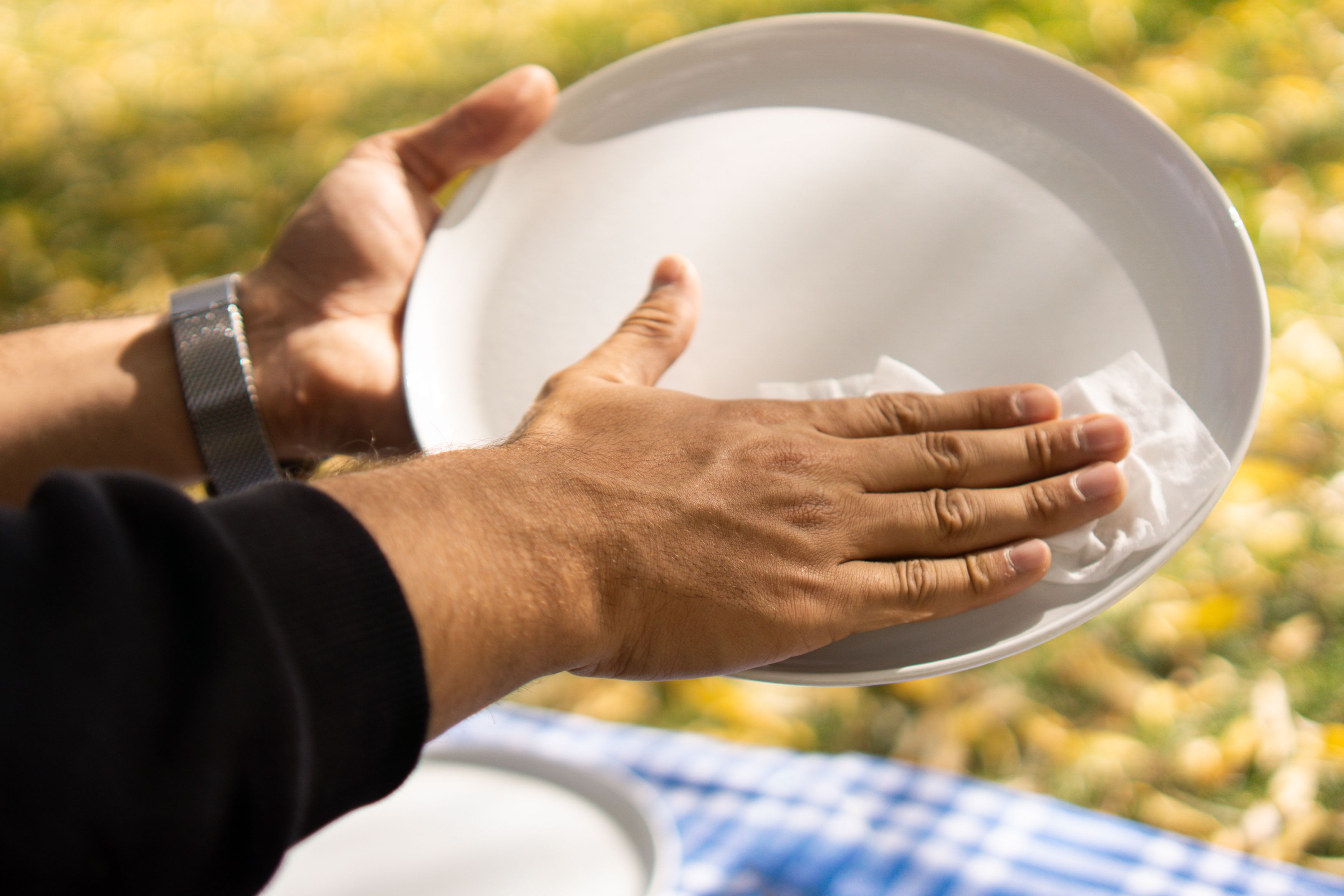 Man Holding and Cleaning Outdoor Picnic Plate · Free Stock Photo