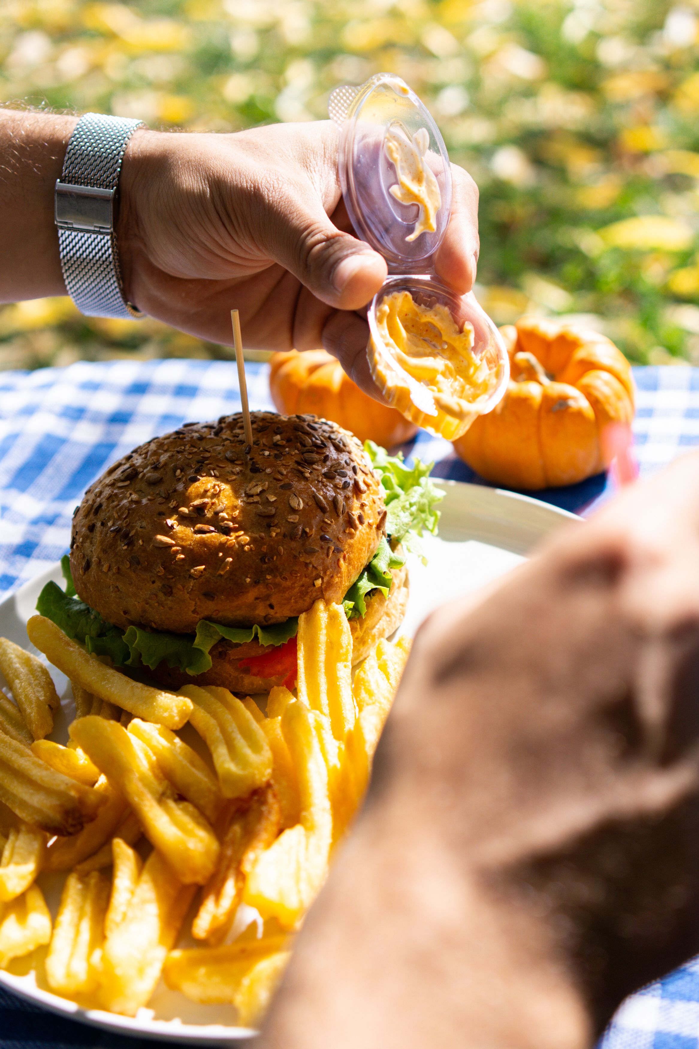 Delicious Burger and Fries Picnic Outdoors · Free Stock Photo