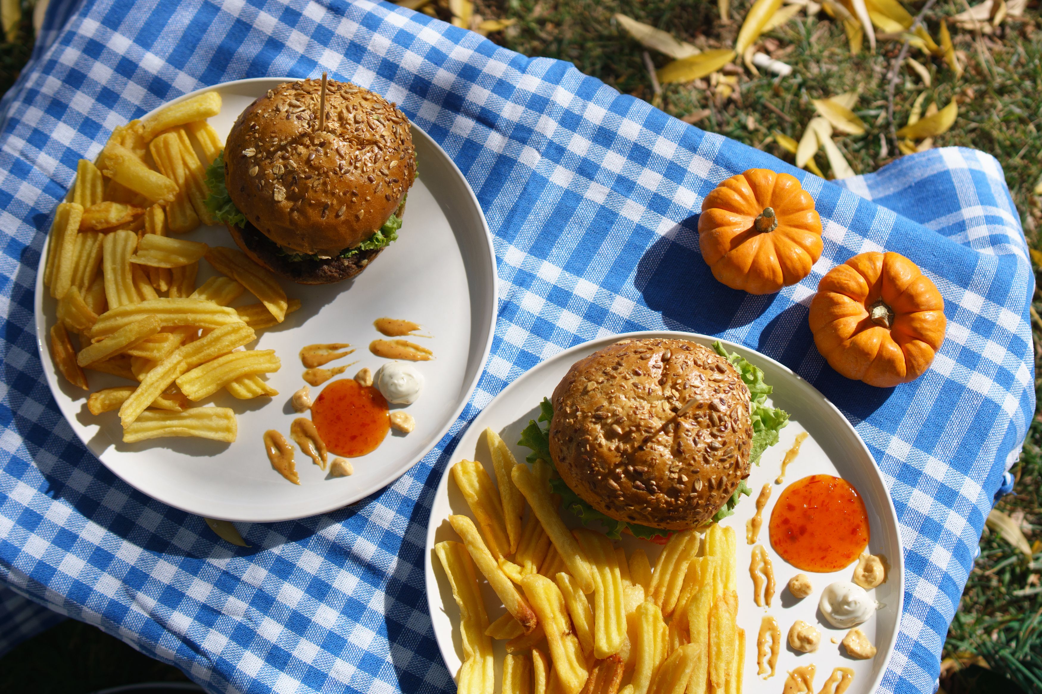 Autumn Picnic with Burgers and Fries · Free Stock Photo